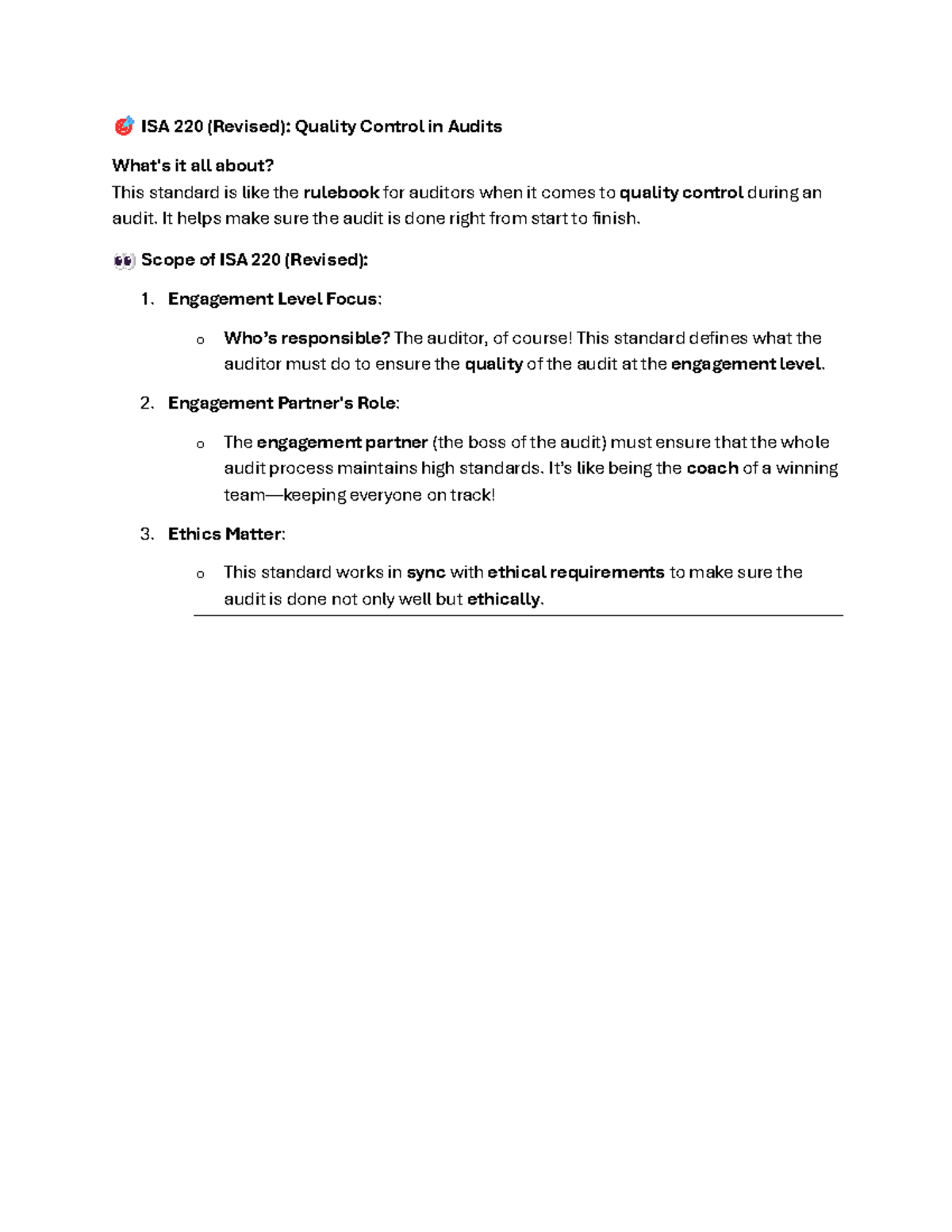 ISA 220 (Revised): Summary of Quality Control in Audits - Studocu