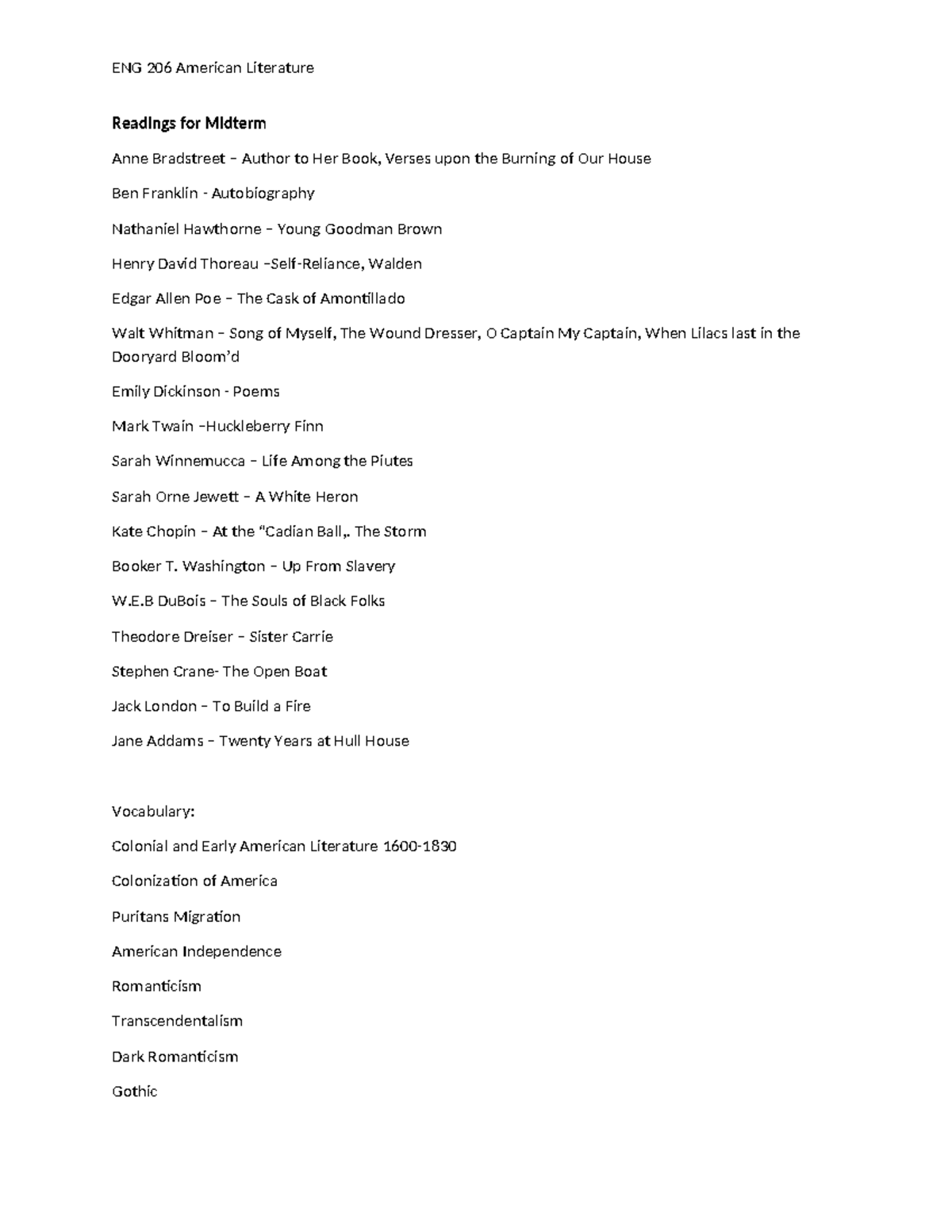 ENG 206 American Literature Midterm Readings & Key Vocabulary - Studocu