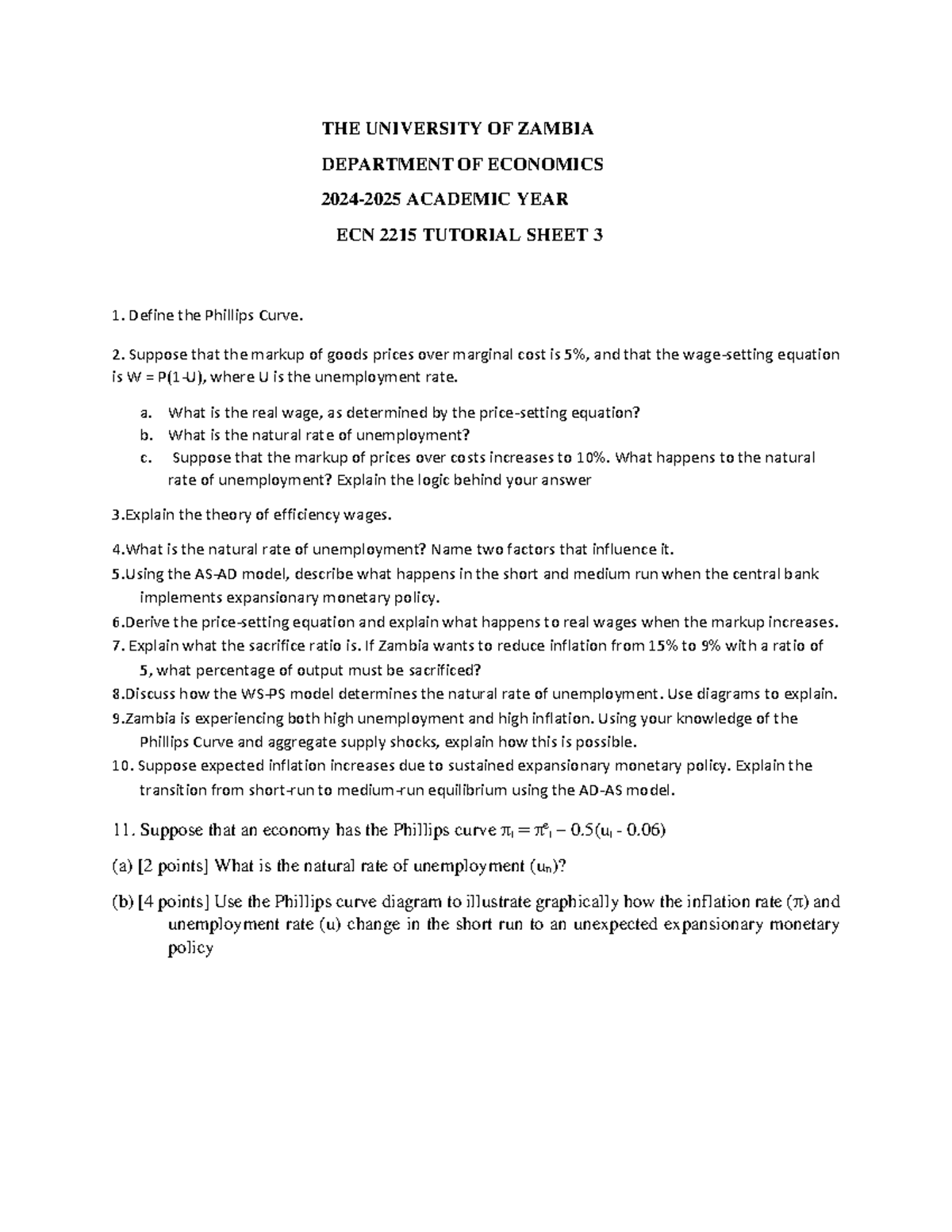 ECN 2215 Tutorial Sheet 3: Phillips Curve & Unemployment Analysis - Studocu