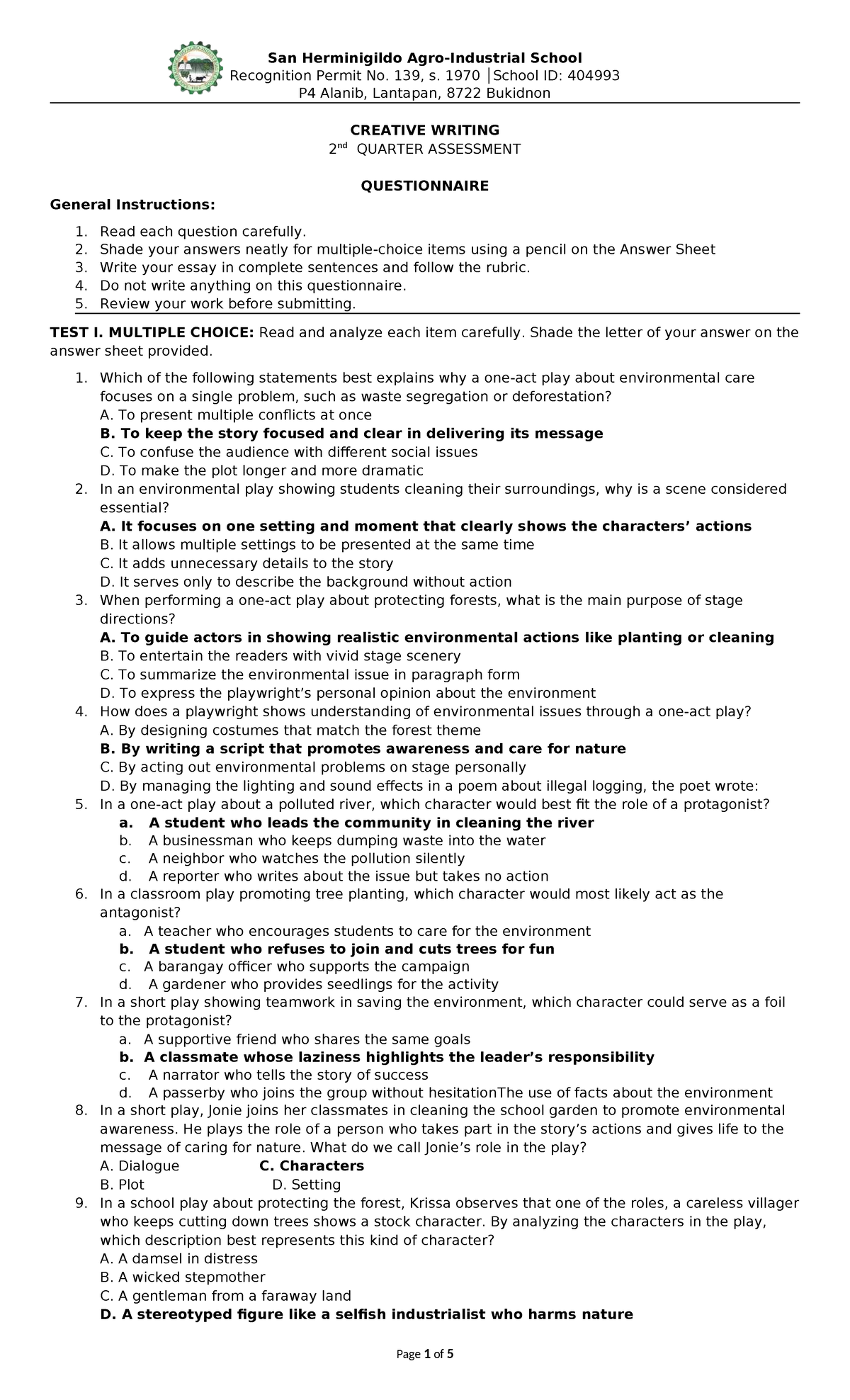 CREATIVE WRITING CW 2ND QTR ASSESSMENT QUESTIONNAIRE ANSWER KEY - Studocu