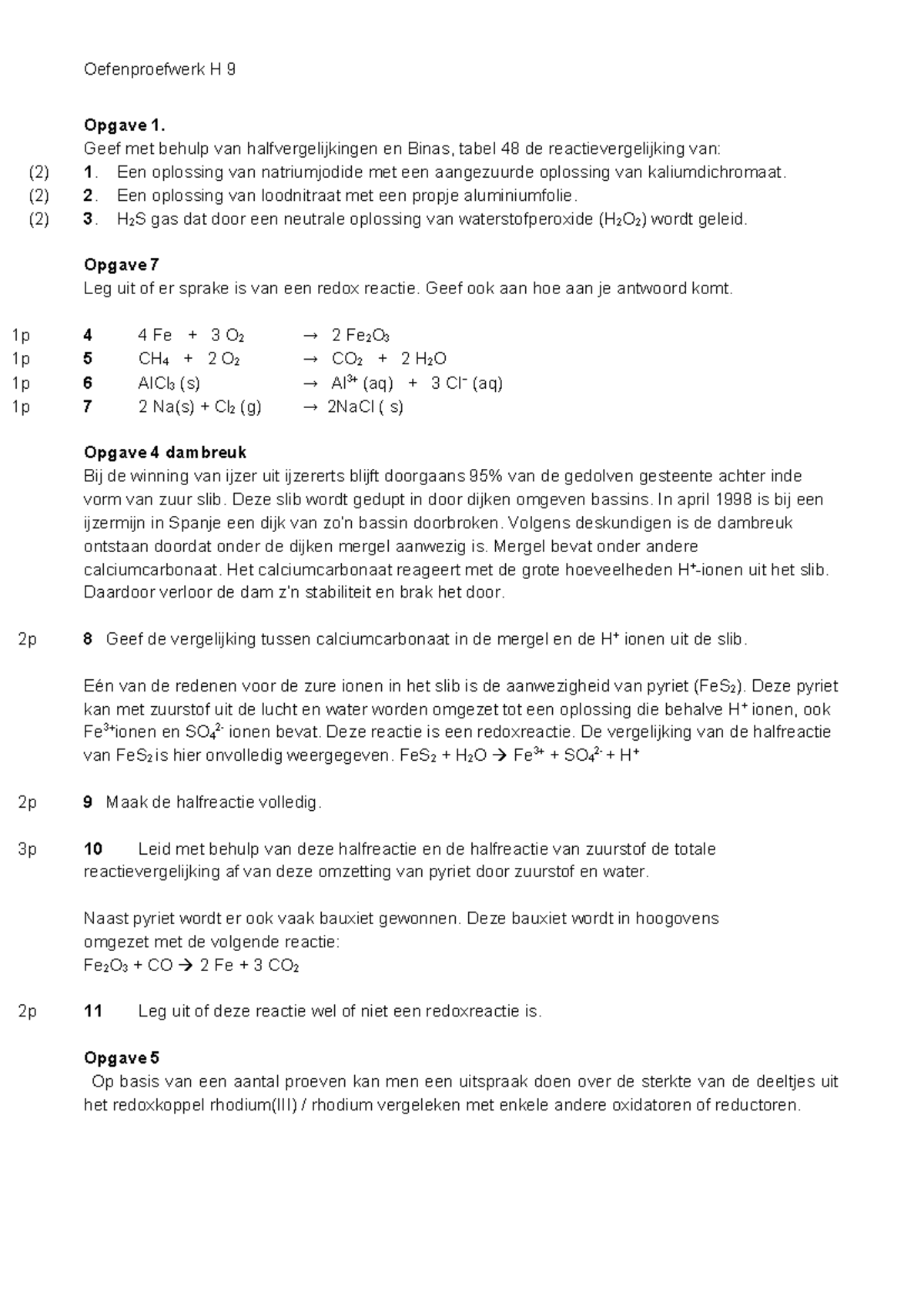2324VEO 5V H9 Oefentoets: Redoxreacties en Berekeningen - Studeersnel