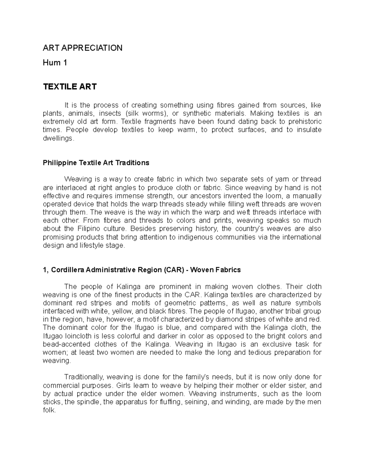 Art Appreciation HUM 1: Exploring Philippine Textile Art Traditions - Studocu