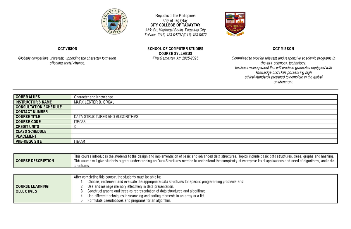 ITEC33 - Data Structures and Algorithms Syllabus - 1st Sem 2025-2026 - Studocu