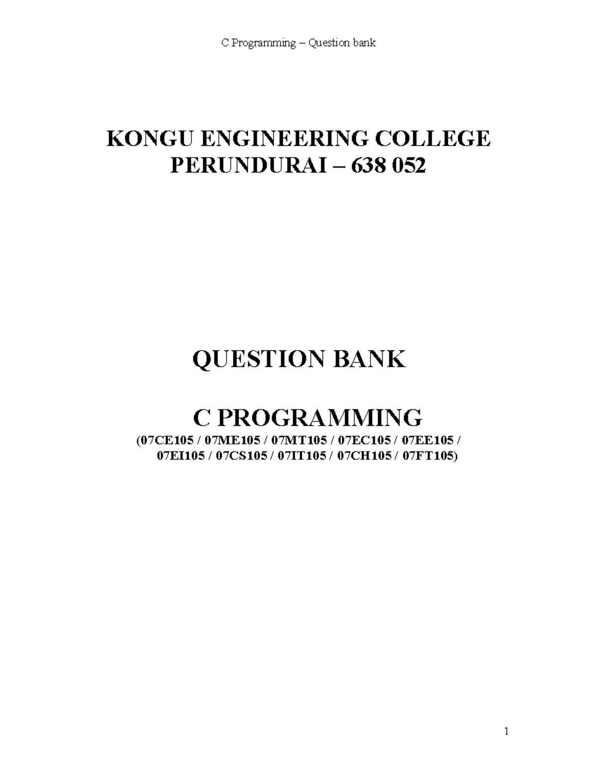 **C Programming Question Bank - All Units (07CE105 & Others)** - Studocu