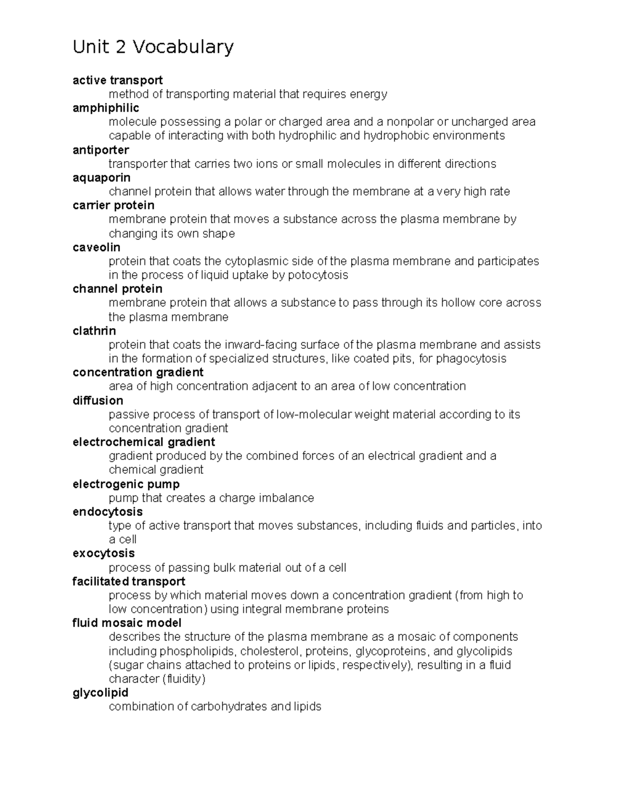 Unit 2 Vocabulary: Cell Biology & Membrane Transport Terms - Studocu
