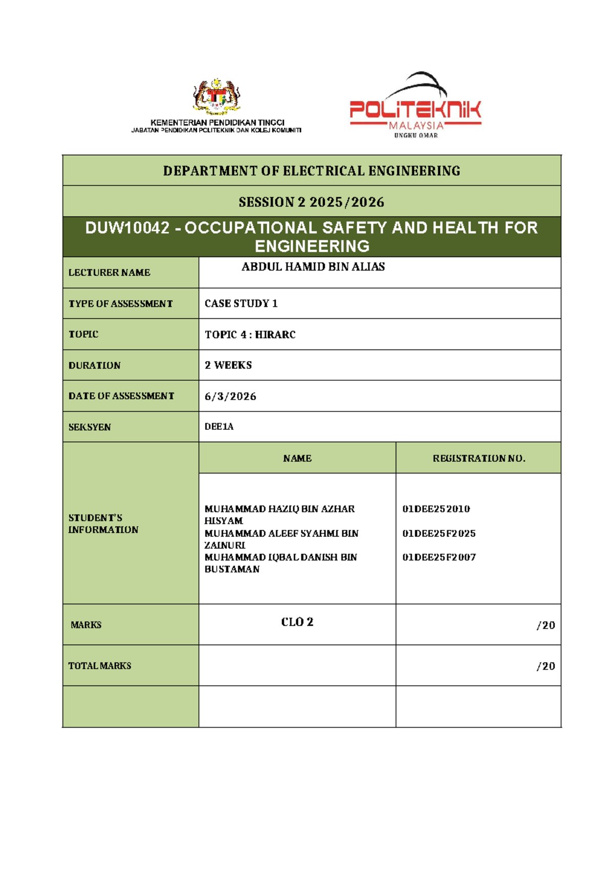 DUW10042 Case Study 1: HIRARC in Occupational Safety and Health - Studocu