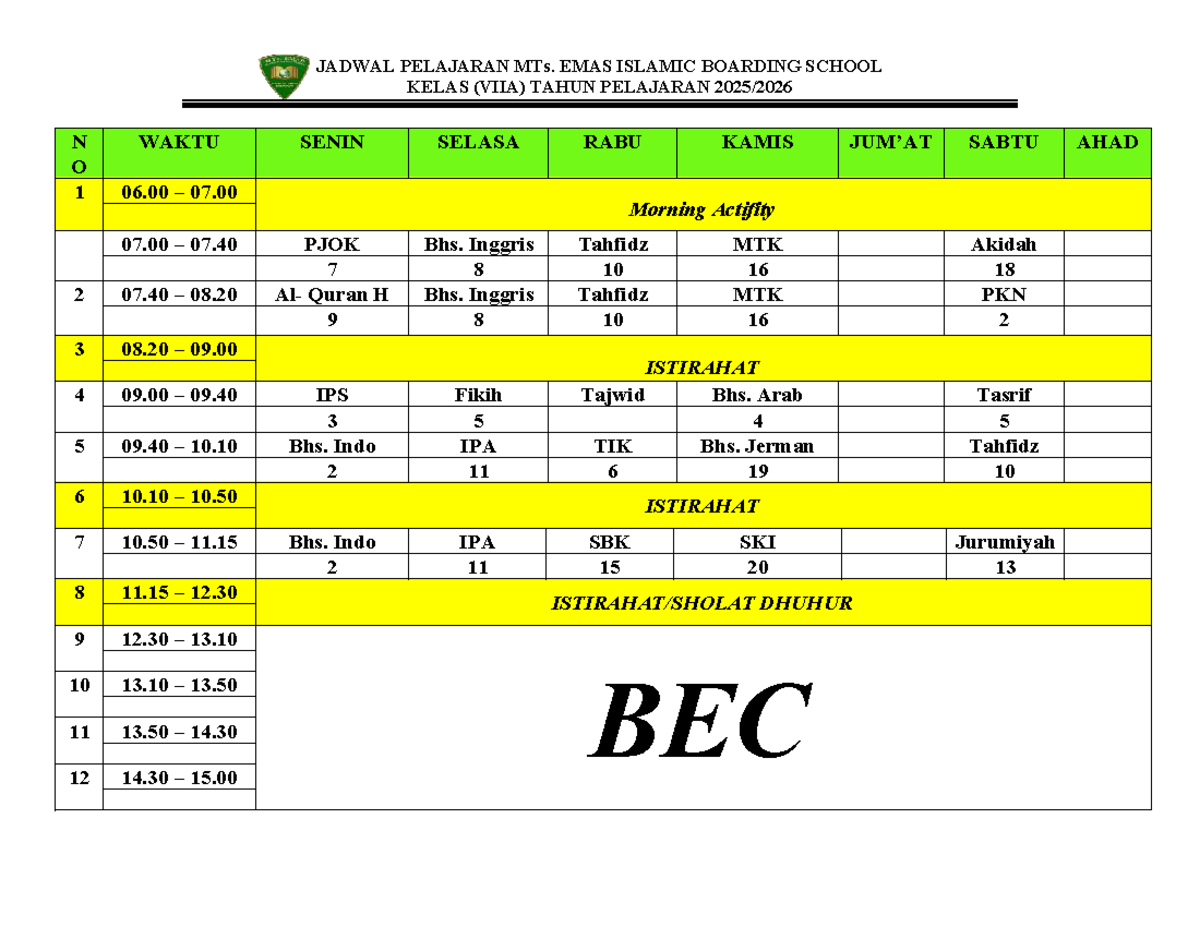 JADWAL PELAJARAN MTs. EMAS ISLAMIC BOARDING SCHOOL KELAS VIIA 2025-2026 ...