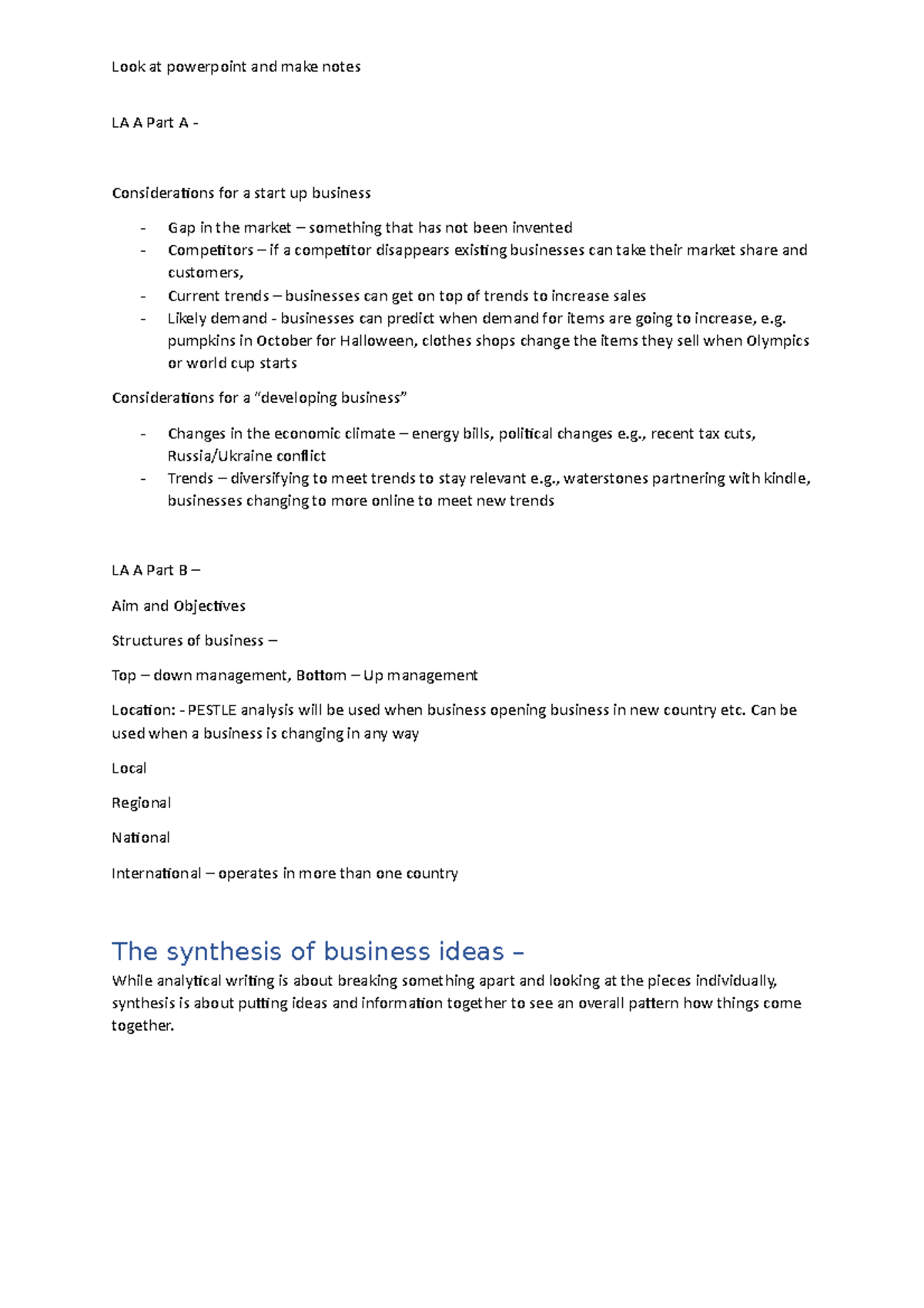 BTEC Business Unit 7: Notes on Learning Aim A - Business Decisions ...