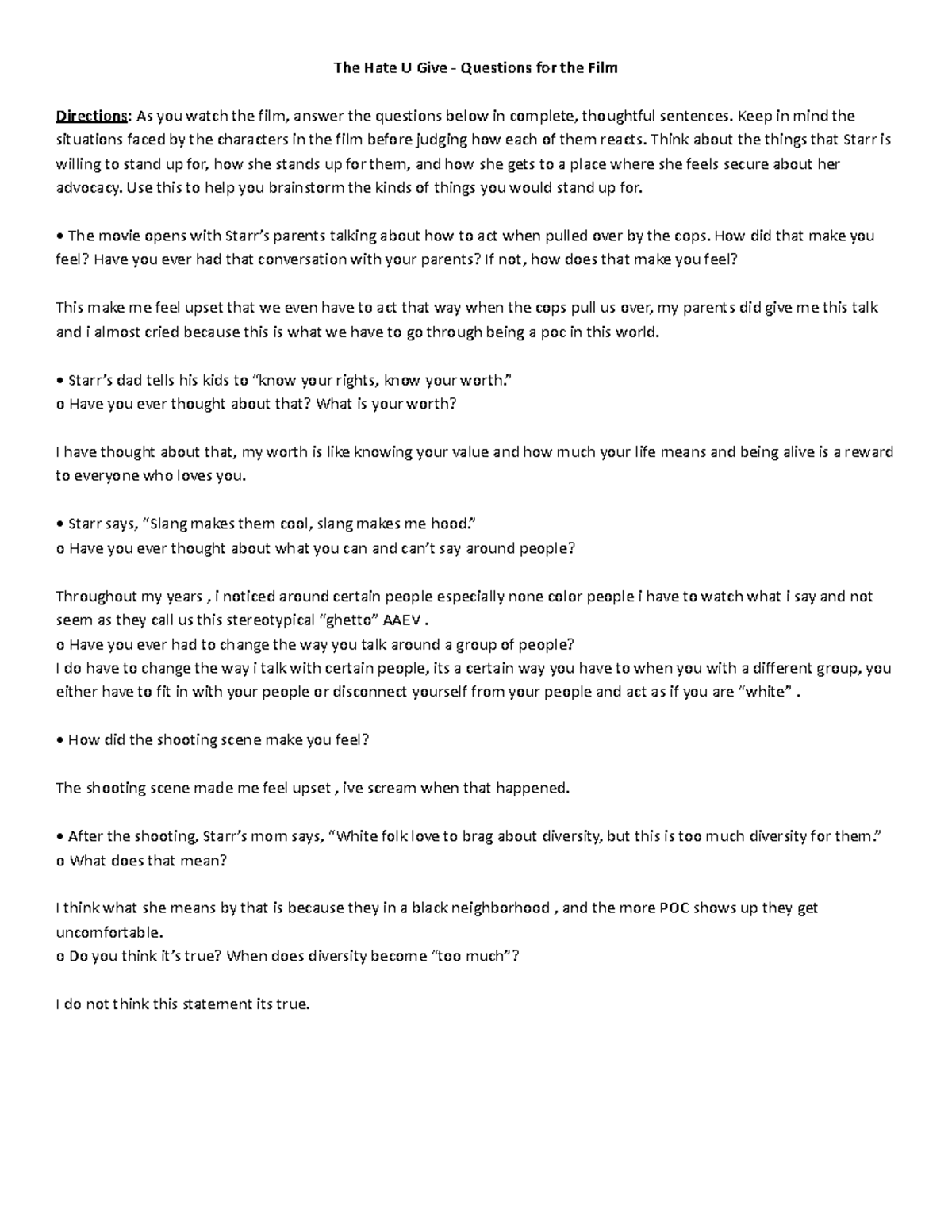 The Hate U Give - Film Response Questions and Reflections - Studocu