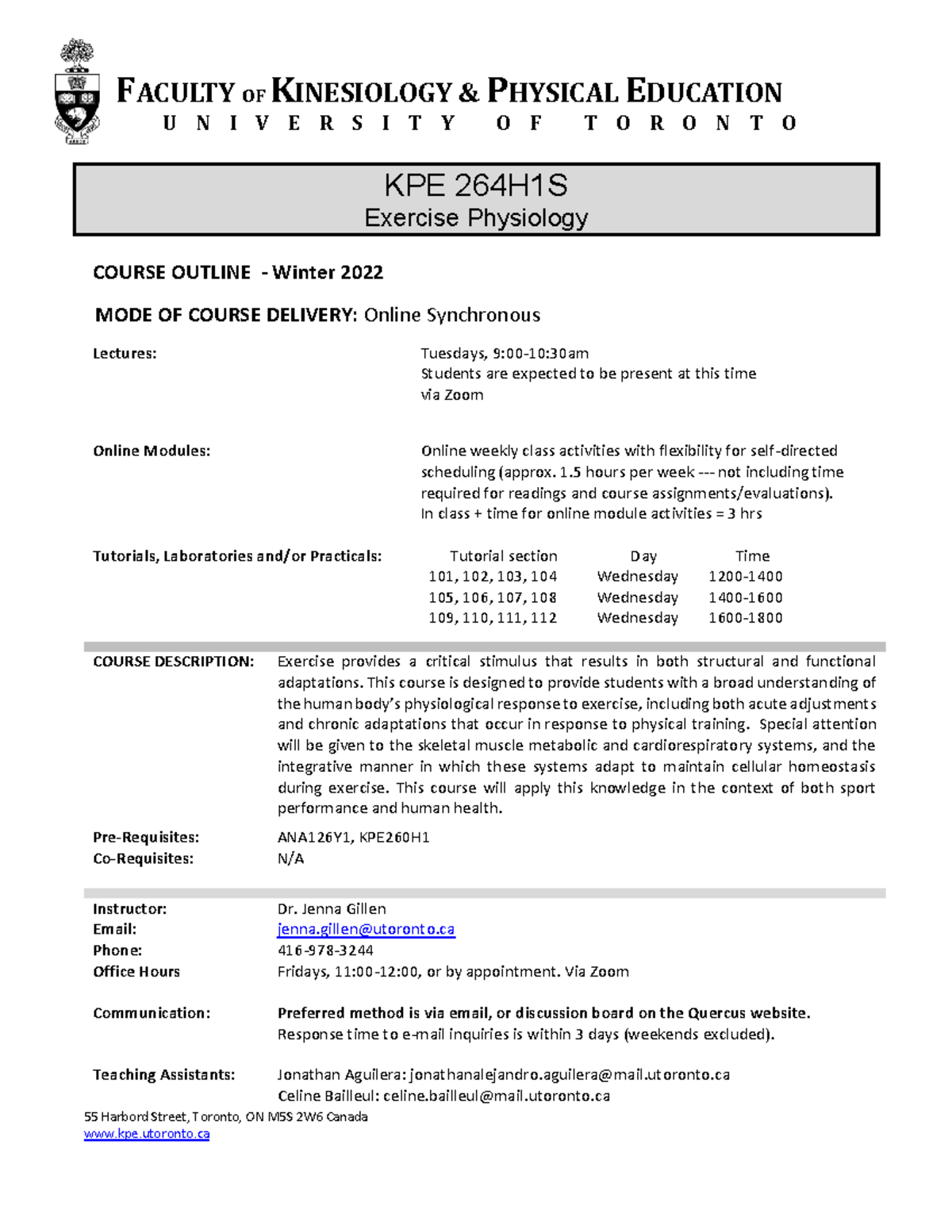 KPE 264H1S Exercise Physiology Course Outline - Winter 2022 - Studocu