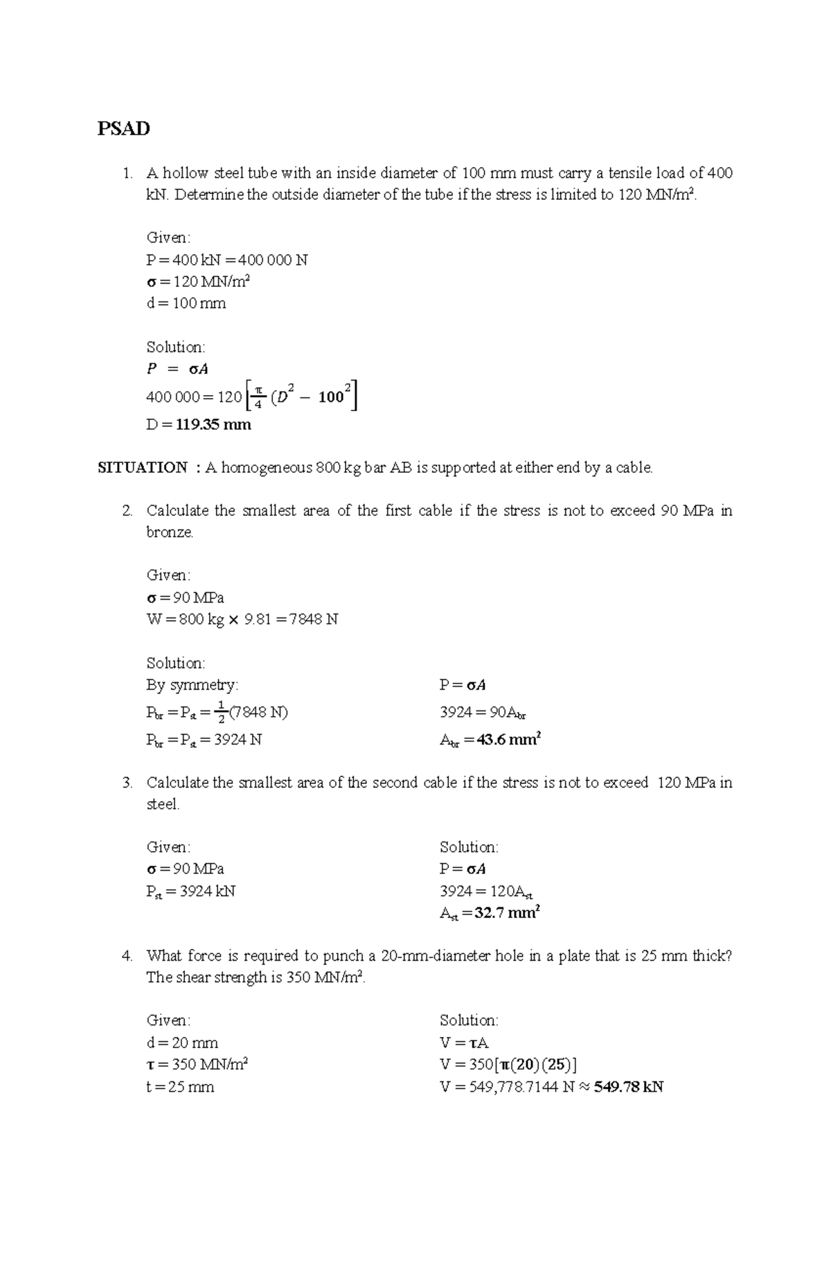PSAD 400 kN Load Analysis and Structural Calculations - Studocu
