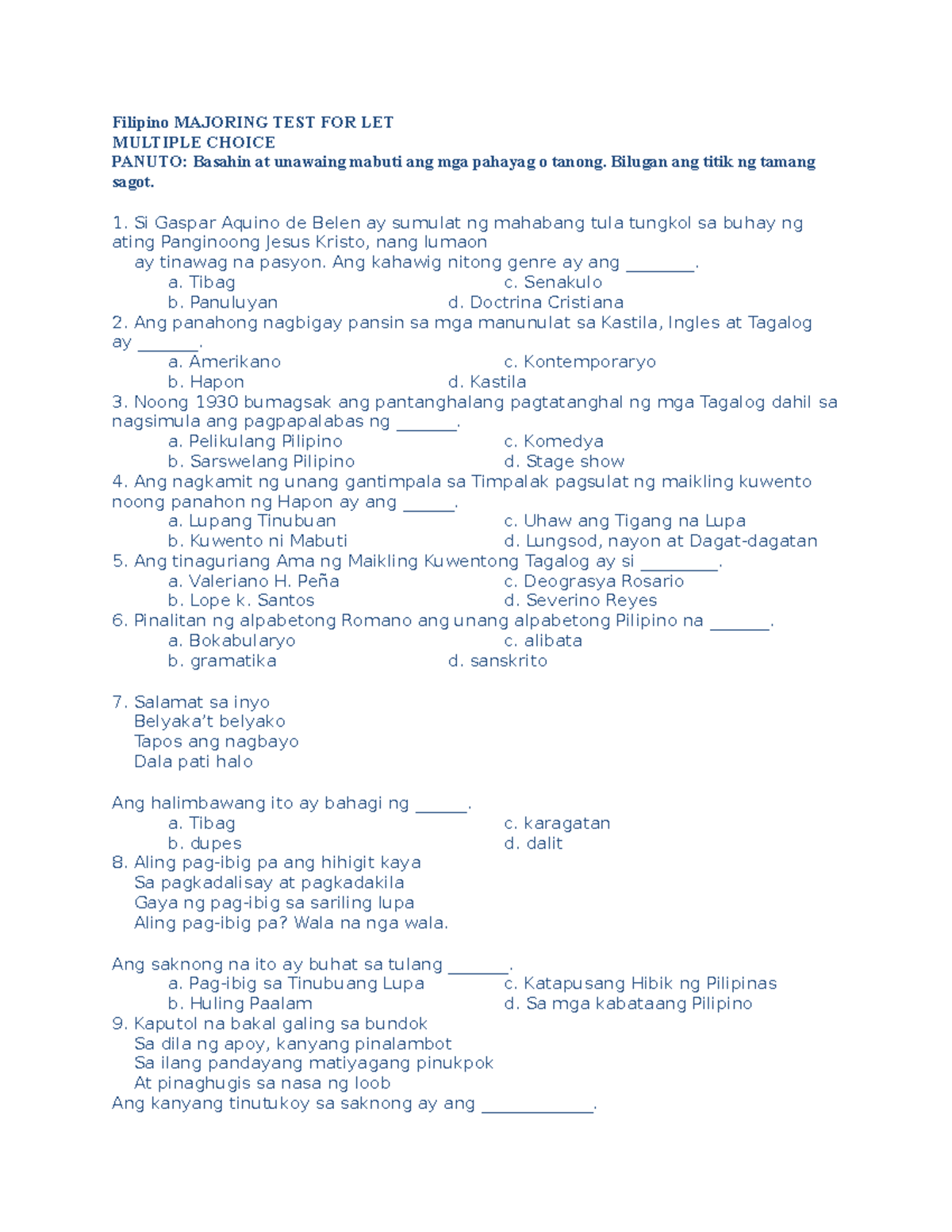 Filipino Majoring LET Test: Multiple Choice Exam Review - Studocu