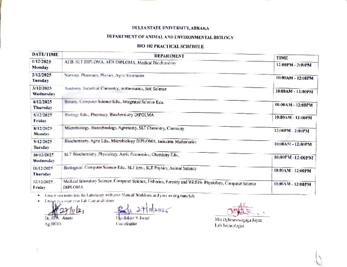 BIO 102 Practical Schedule - Delta State University (AEB) - Studocu