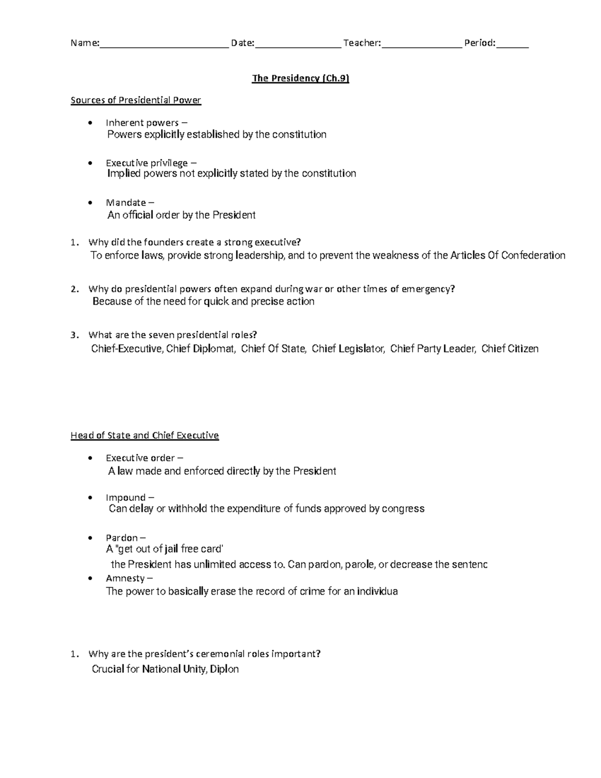 Presidential Powers and Roles (Ch.9) - Outline for Study - Studocu