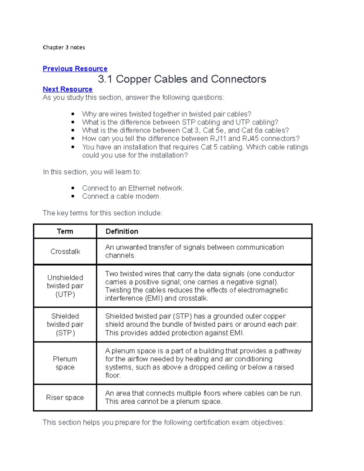 Chapter 3 notes - Chapter 3 notes Previous Resource 3 Copper Cables and ...