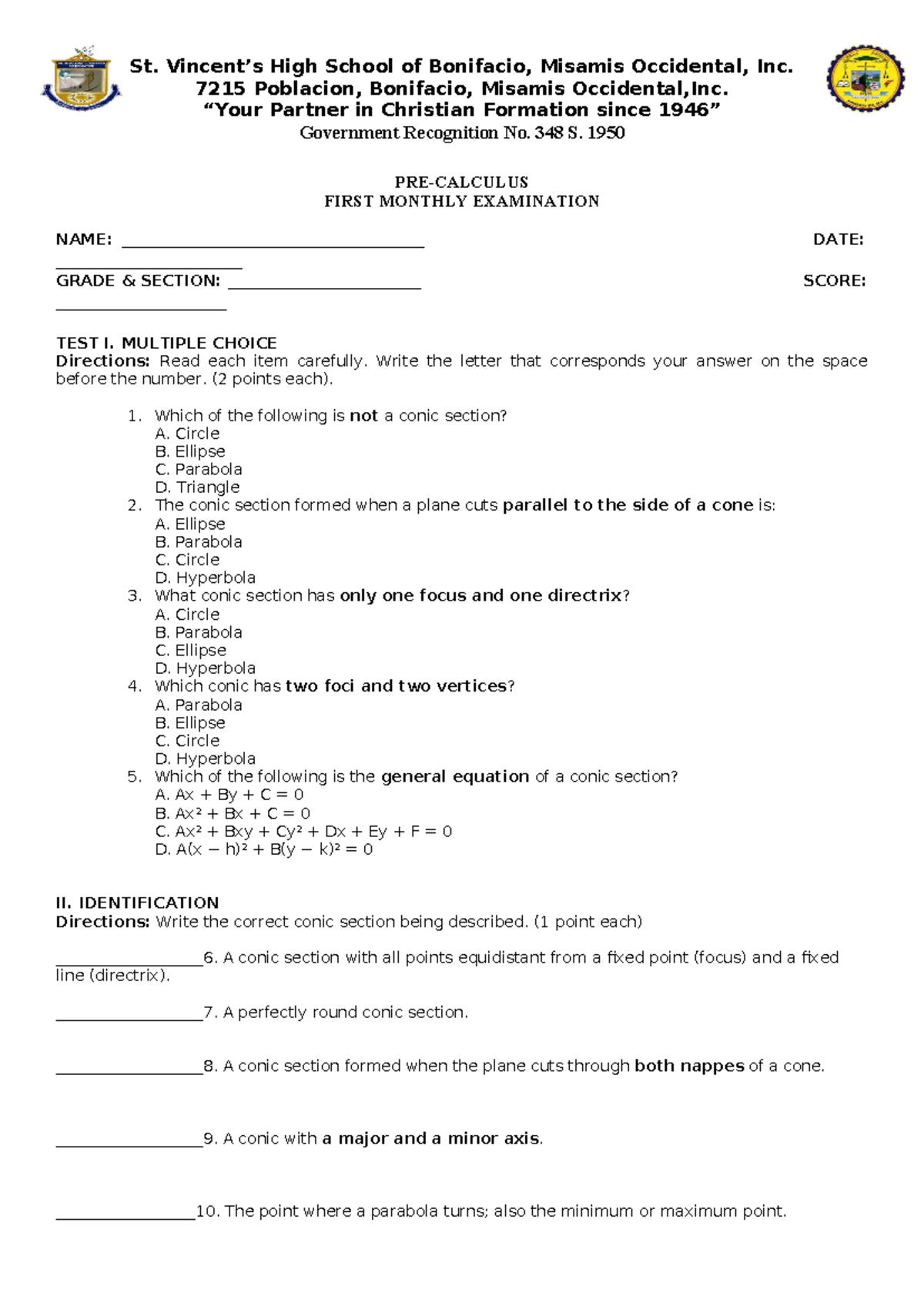 PRE Calculus 1ST Monthly EXAM: Conic Sections Assessment - Studocu