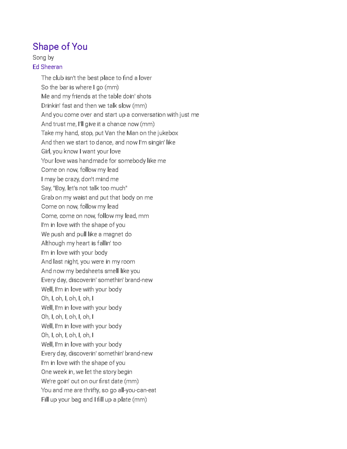 Shape of You - Shape of You Song by Ed Sheeran The club isn't the best ...