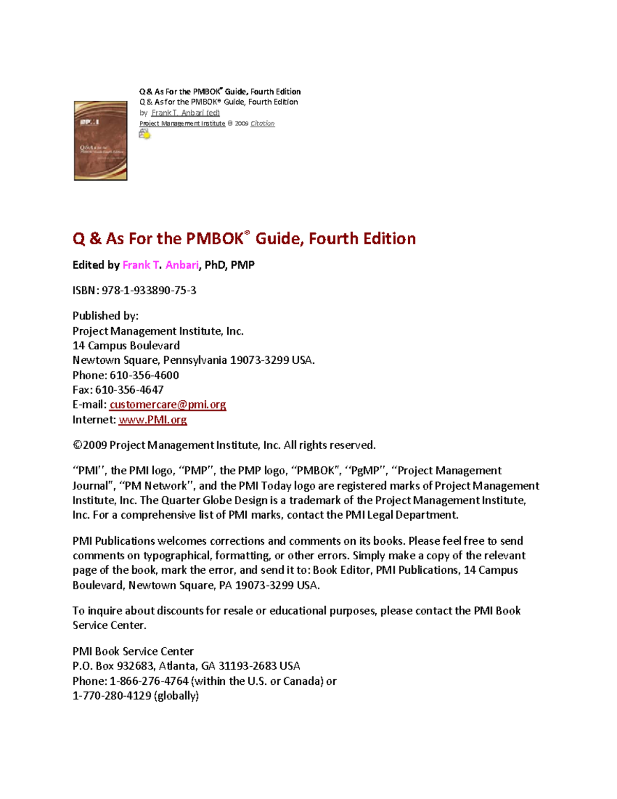 Q & A for PMBOK® Guide 4th Ed. - Study Resource for Exam Prep - Studocu