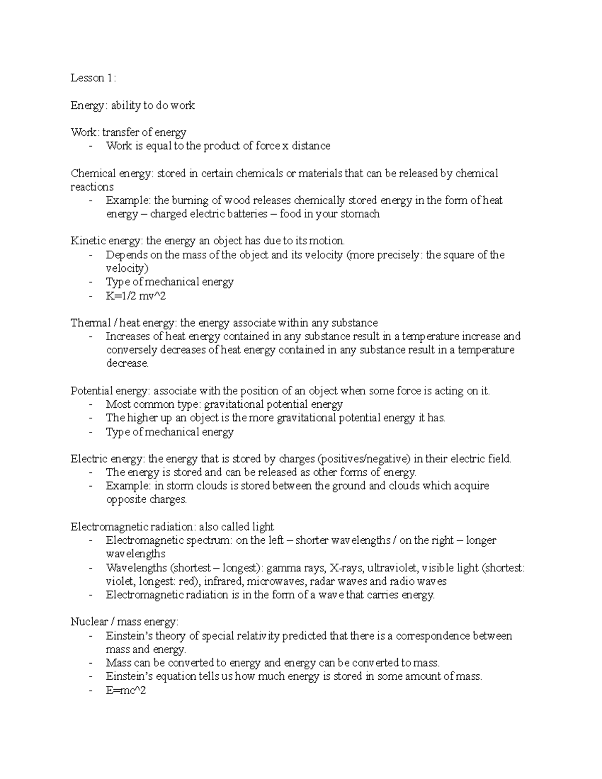 Lesson 1 - Lesson 1: Energy: ability to do work Work: transfer of ...