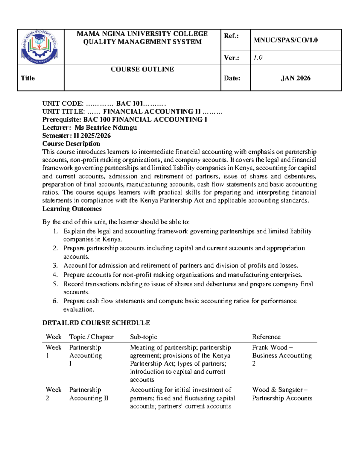 BAC 101 Financial Accounting II Course Outline - Jan 2026 - Studocu