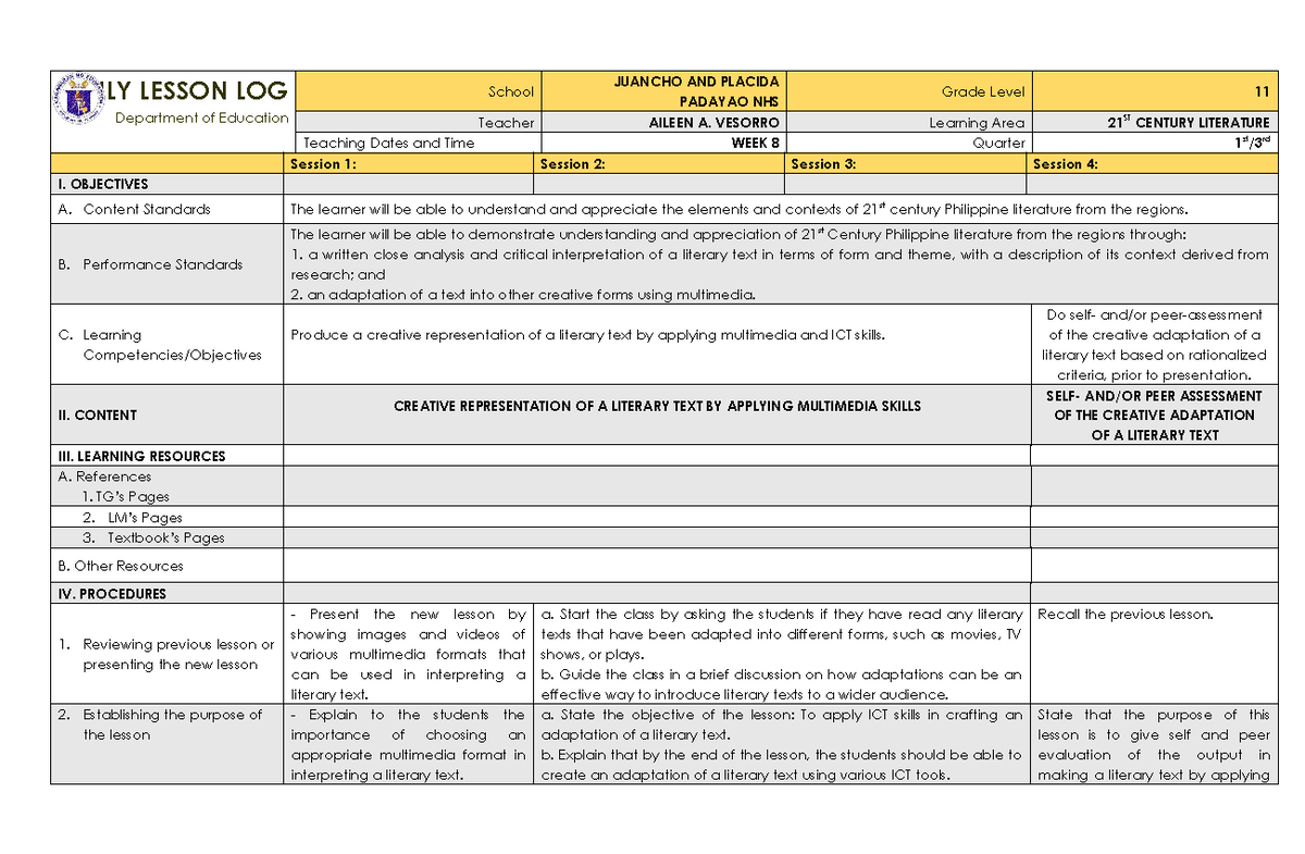 21ST Century Literature Q1 WEEK 8 Lesson Log and Activities - Studocu