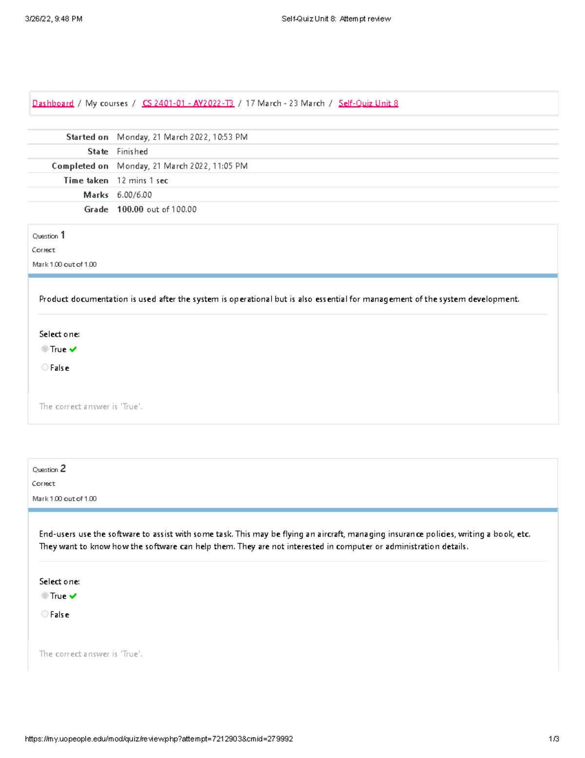 Self-Quiz Unit 8 Attempt review - 3/26/22, 9:48 PM Self-Quiz Unit 8 ...