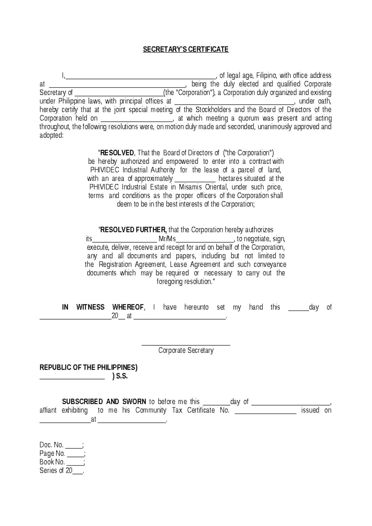 Secretary's Certificate for Corporate Resolutions and Authority - Studocu