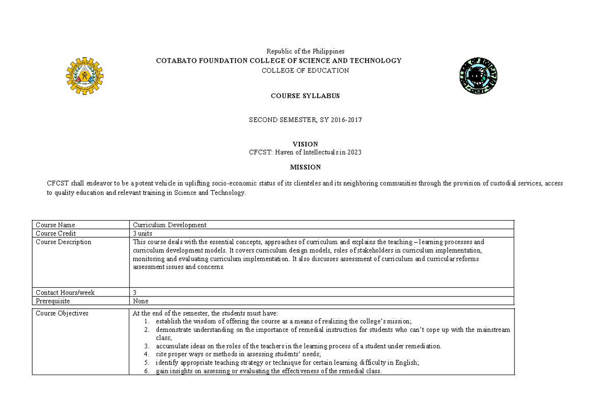 COTED 2016 Syllabus: Curriculum Development Course Overview and Goals ...