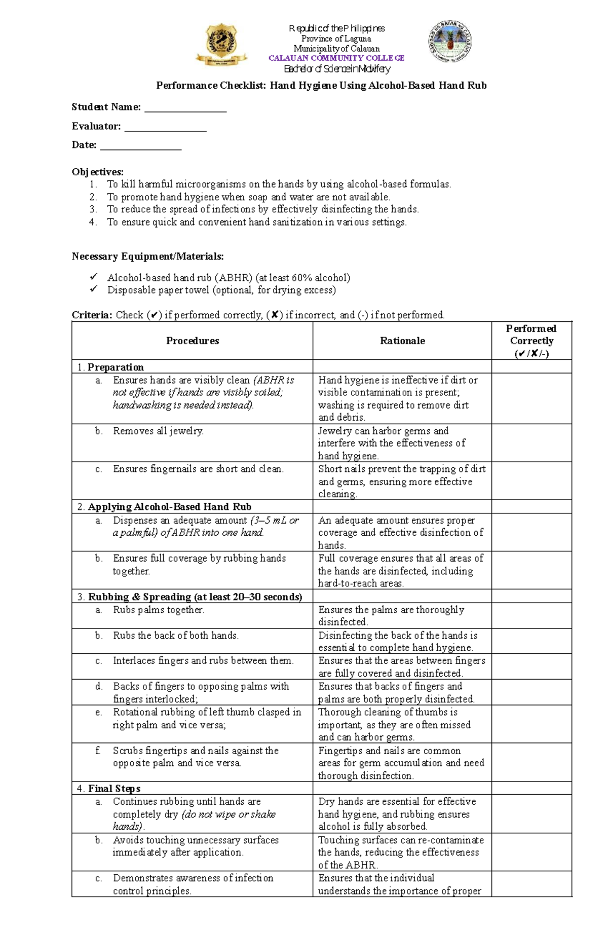 BS Midwifery 1.2 Performance Checklist: Hand Hygiene with ABHR - Studocu