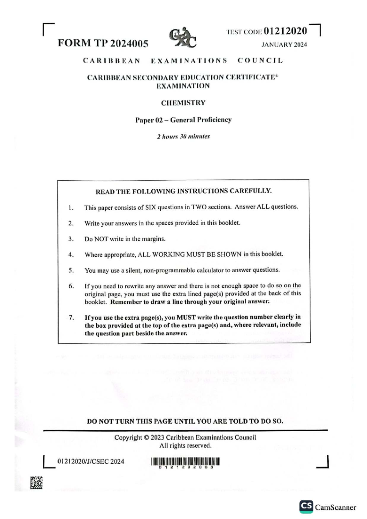 Chemistry CSEC Paper 02 General Proficiency - January 2024 - Studocu