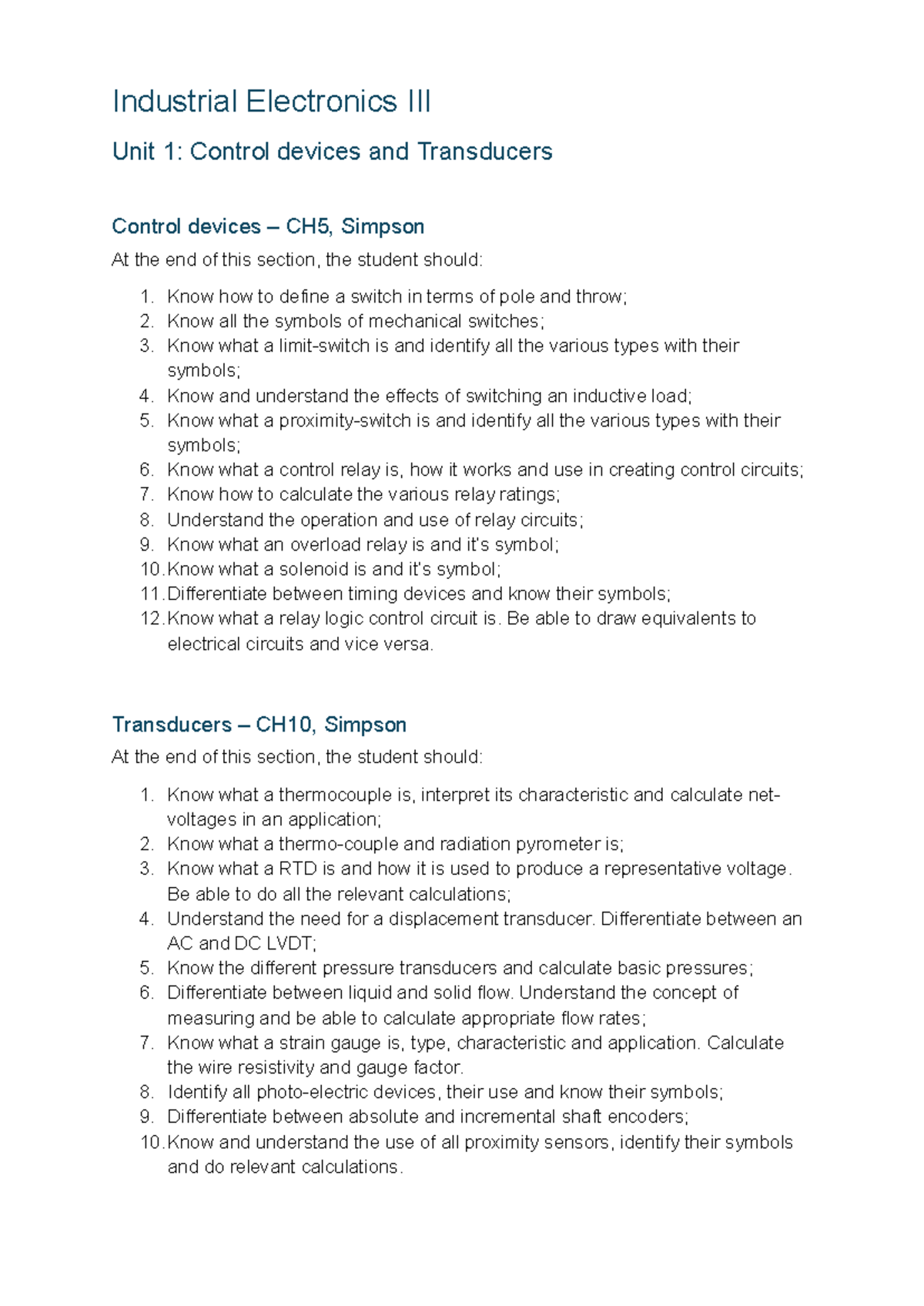 Industrial Electronics Unit 1: Control Devices & Transducers Outcomes ...