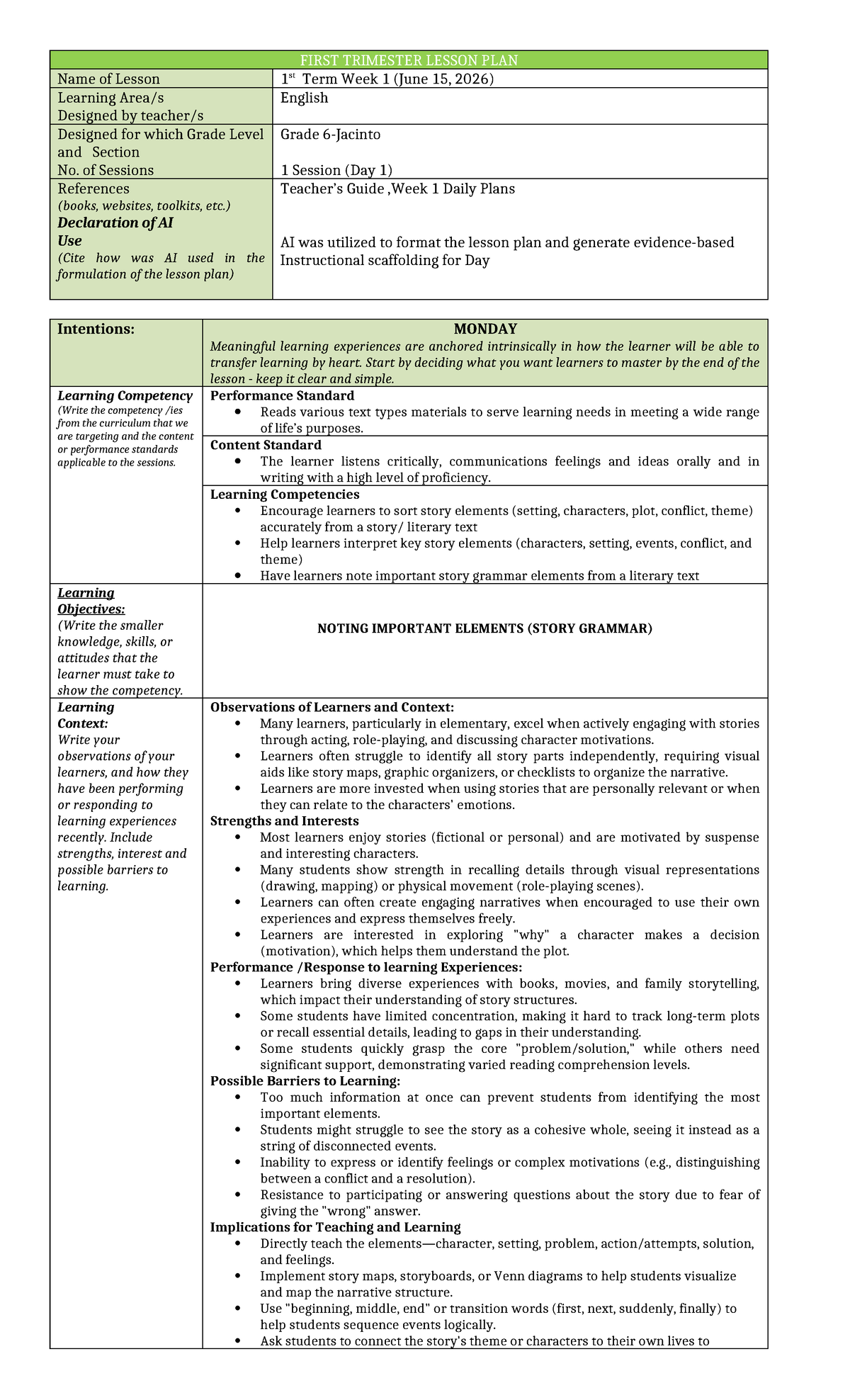 English 1st Grade Lesson Plan: Week 1 Day 1 DLP - Studocu
