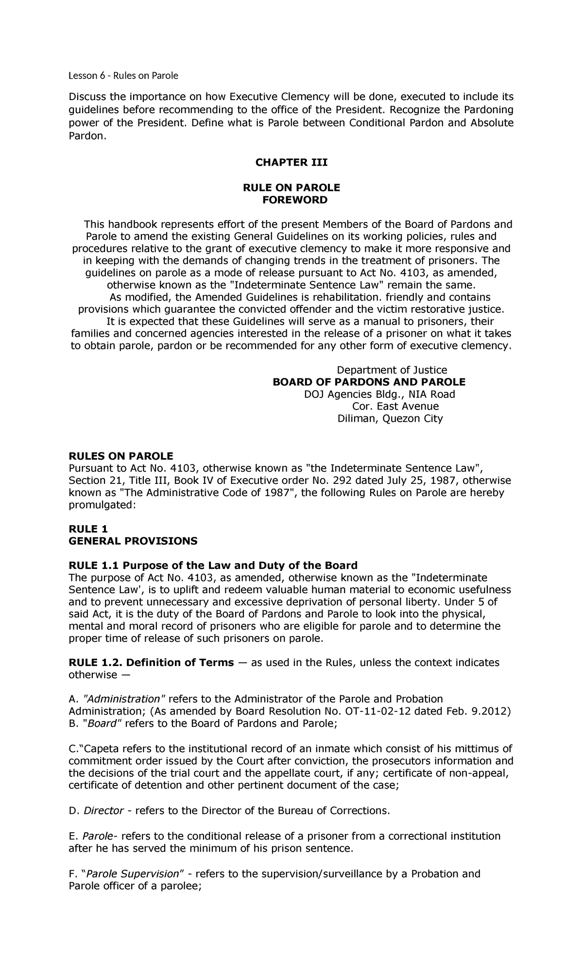 Lesson 6: Executive Clemency and Parole Guidelines - BSCRIM - Studocu