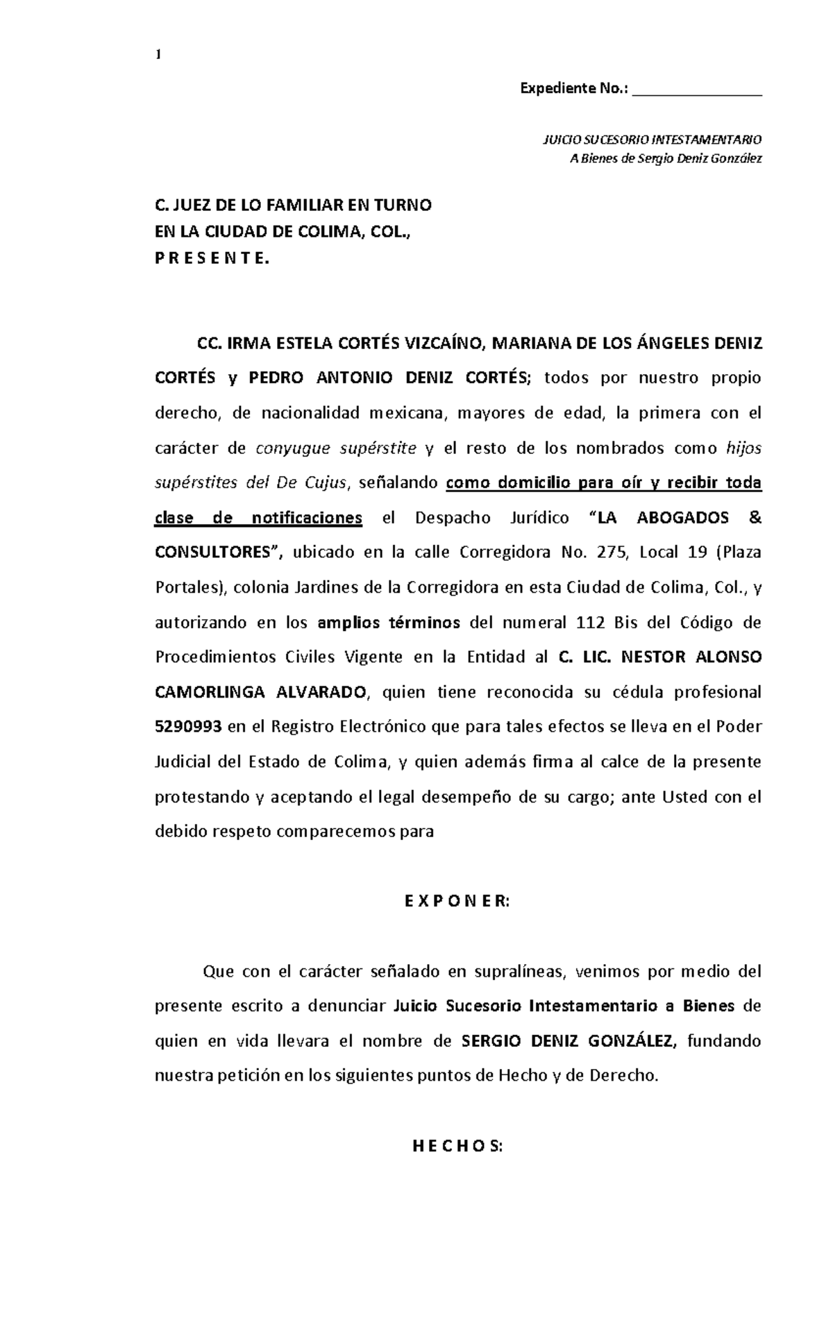 JUICIO SUCESORIO INTESTAMENTARIO A BIENES DE SERGIO DENIZ GONZÁLEZ ...