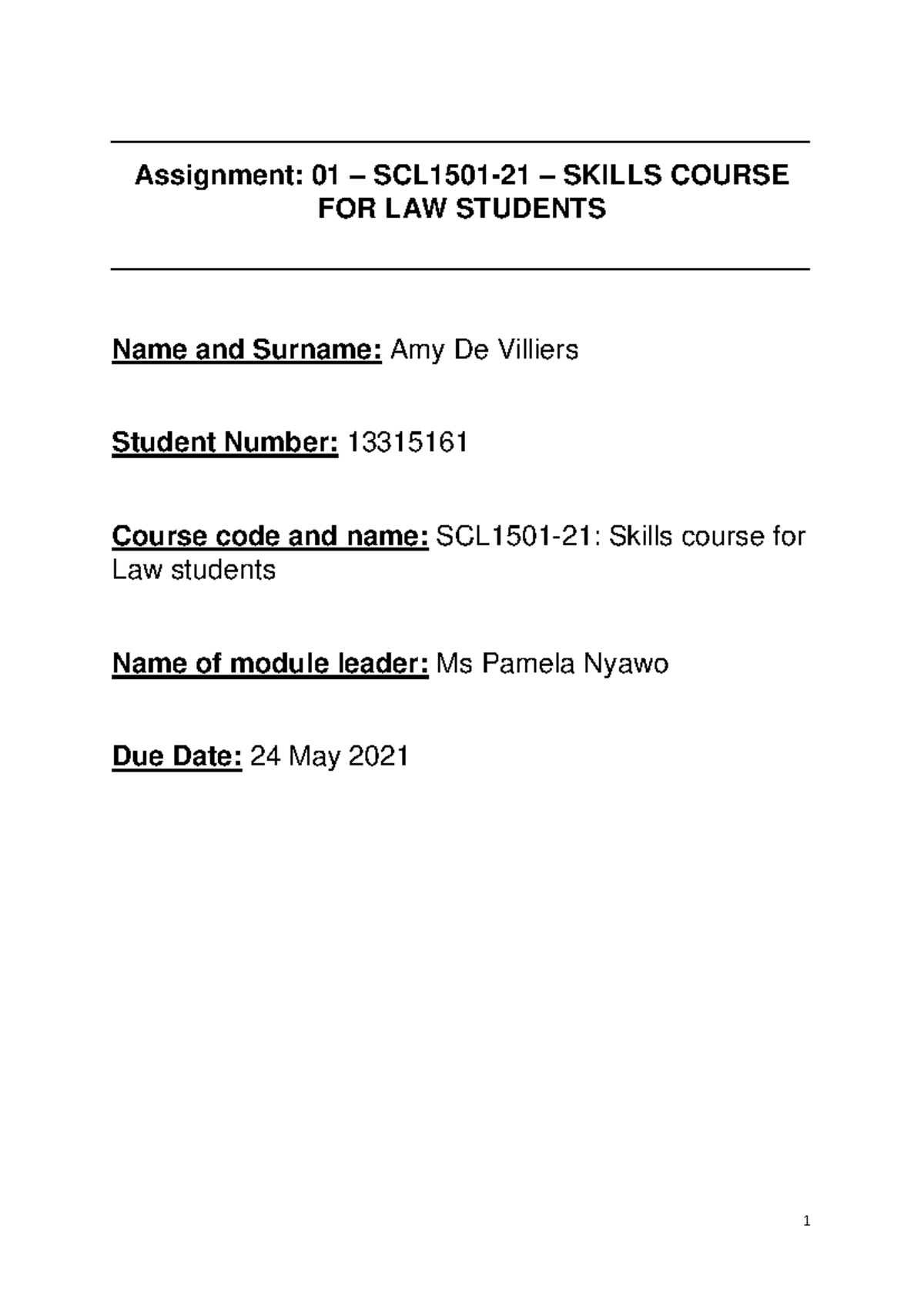 SCL1501-21 Skills Course Assignment 01: Law Concepts Explained - Studocu