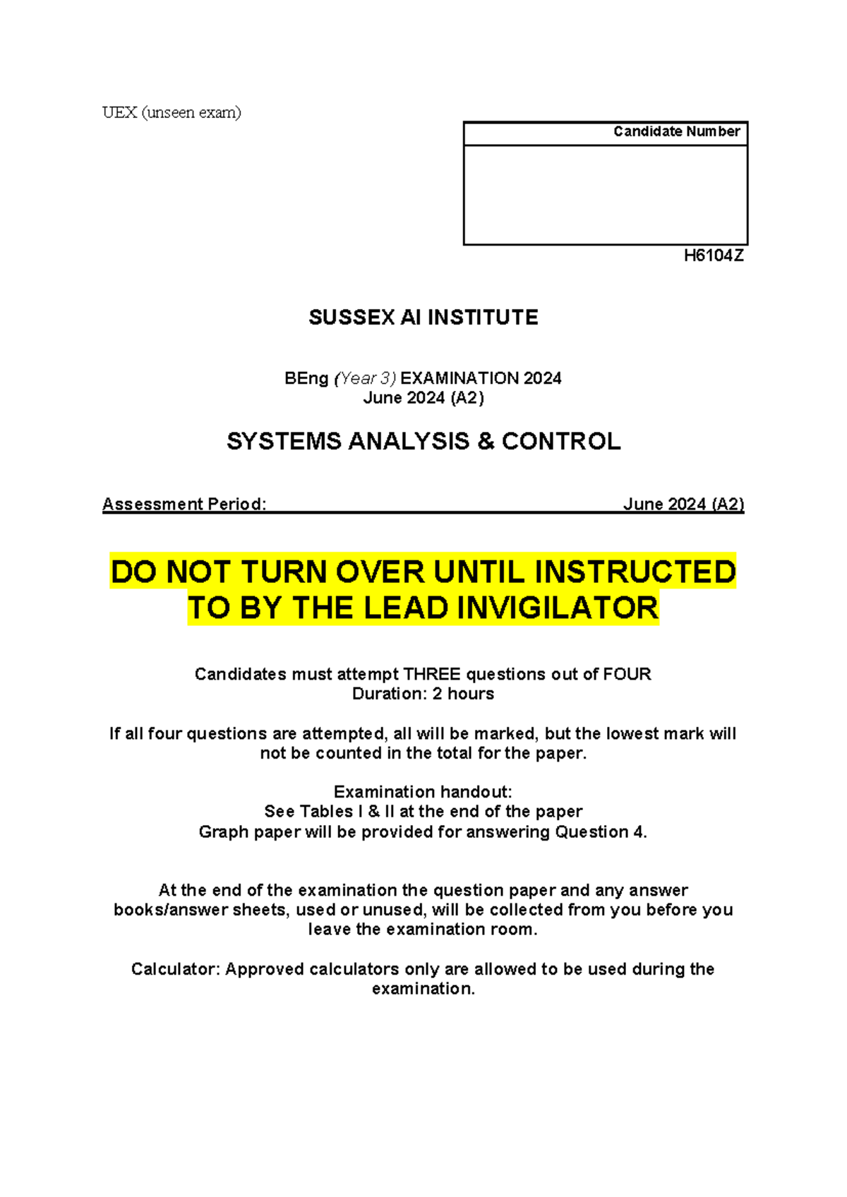 H6104Z Systems Analysis Control Exam Paper - June 2024 - Studocu