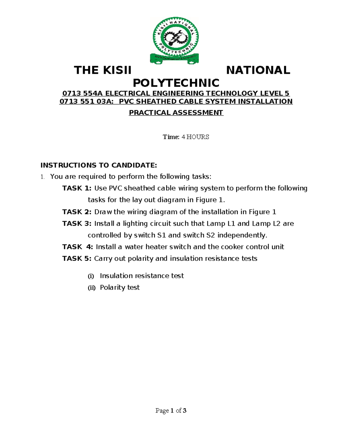 Level 5 Practical Assessment: PVC Sheathed Cable Installation 0713 554A ...