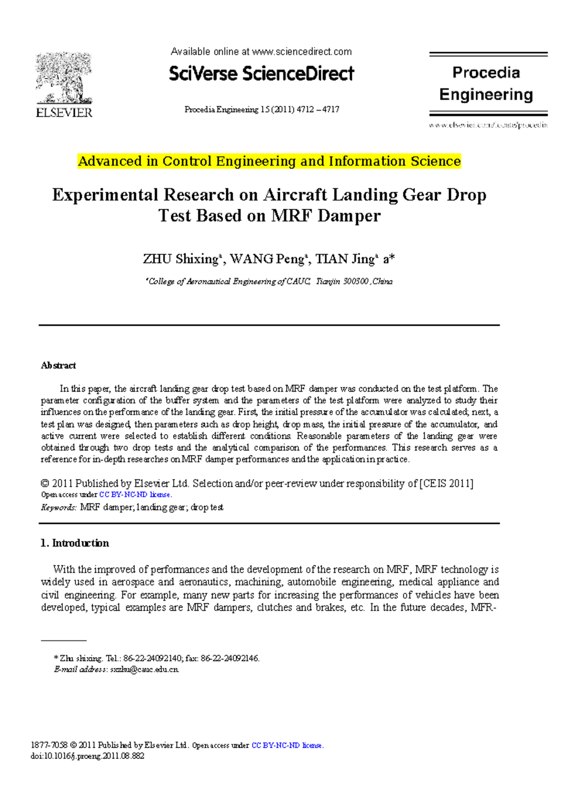 Experimental Research on MRF Damper for Aircraft Landing Gear Drop Test ...
