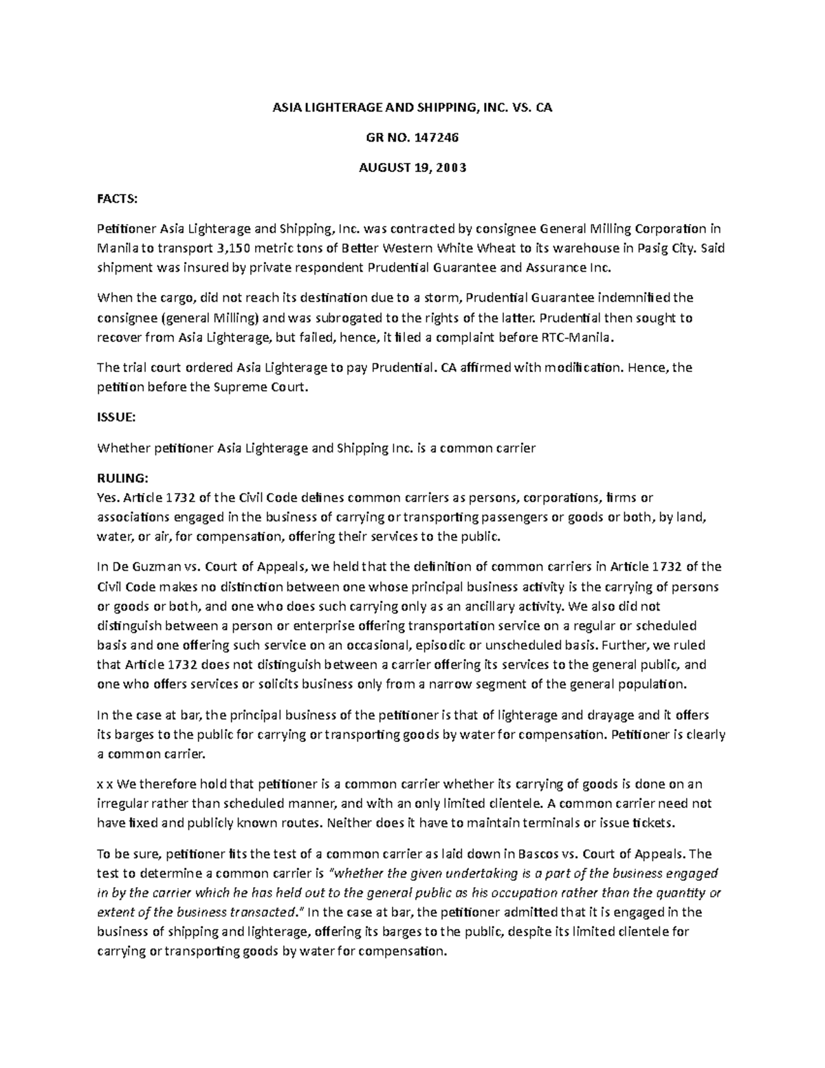 ASIA Lighterage & Shipping, Inc. v. CA: Common Carrier Definition Case ...
