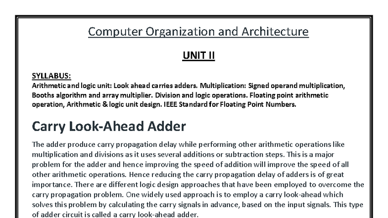 UNIT II COA-D: Arithmetic Logic Unit & Multiplication Algorithms - Studocu