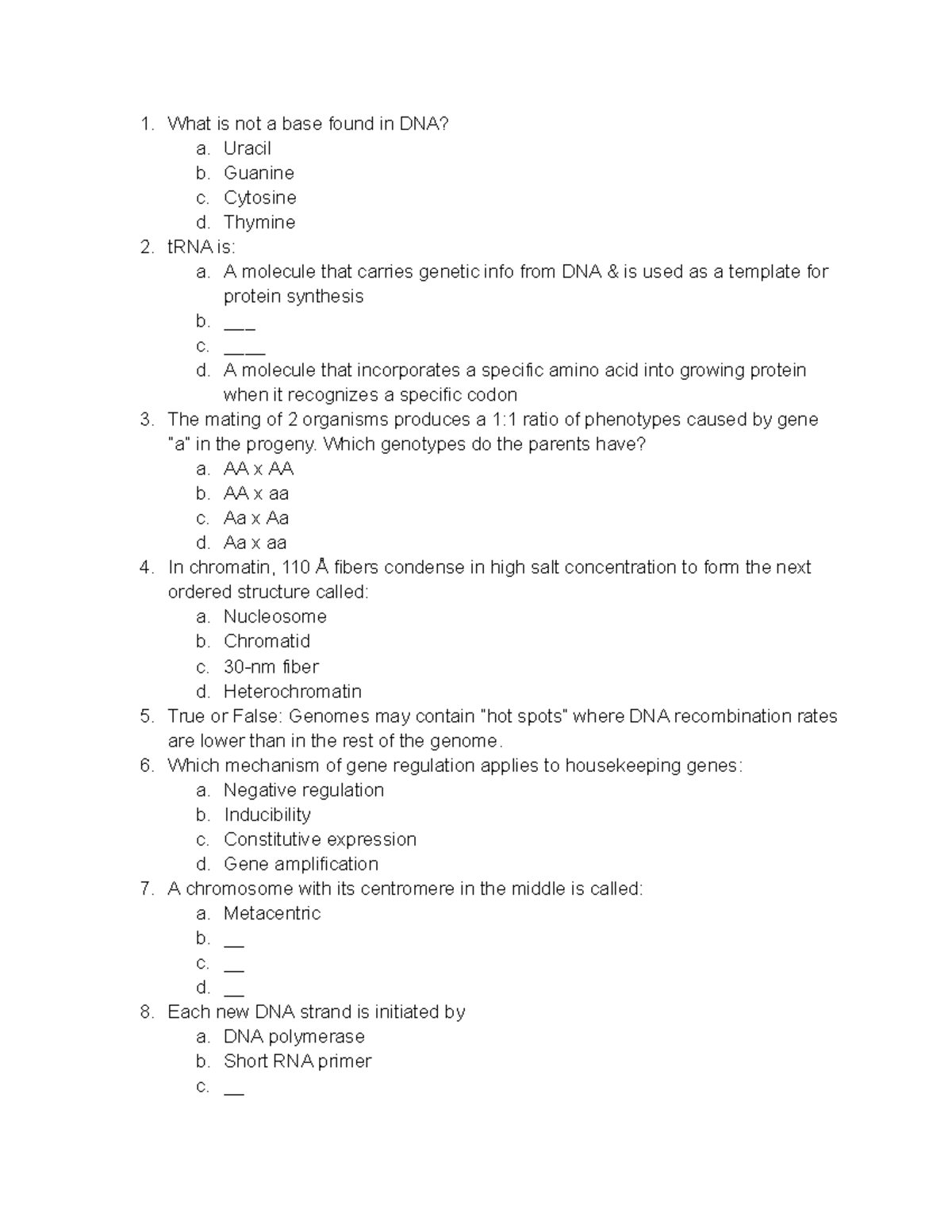 Pre-Test Quiz - Genetics and Molecular Biology Concepts - Studocu