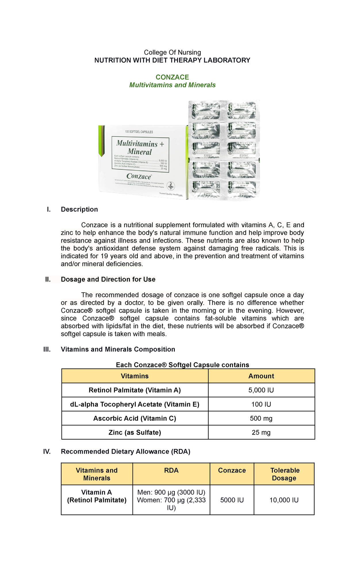Conzace Vitamin - Nutrition & Dietetics Lab Assignment Overview - Studocu