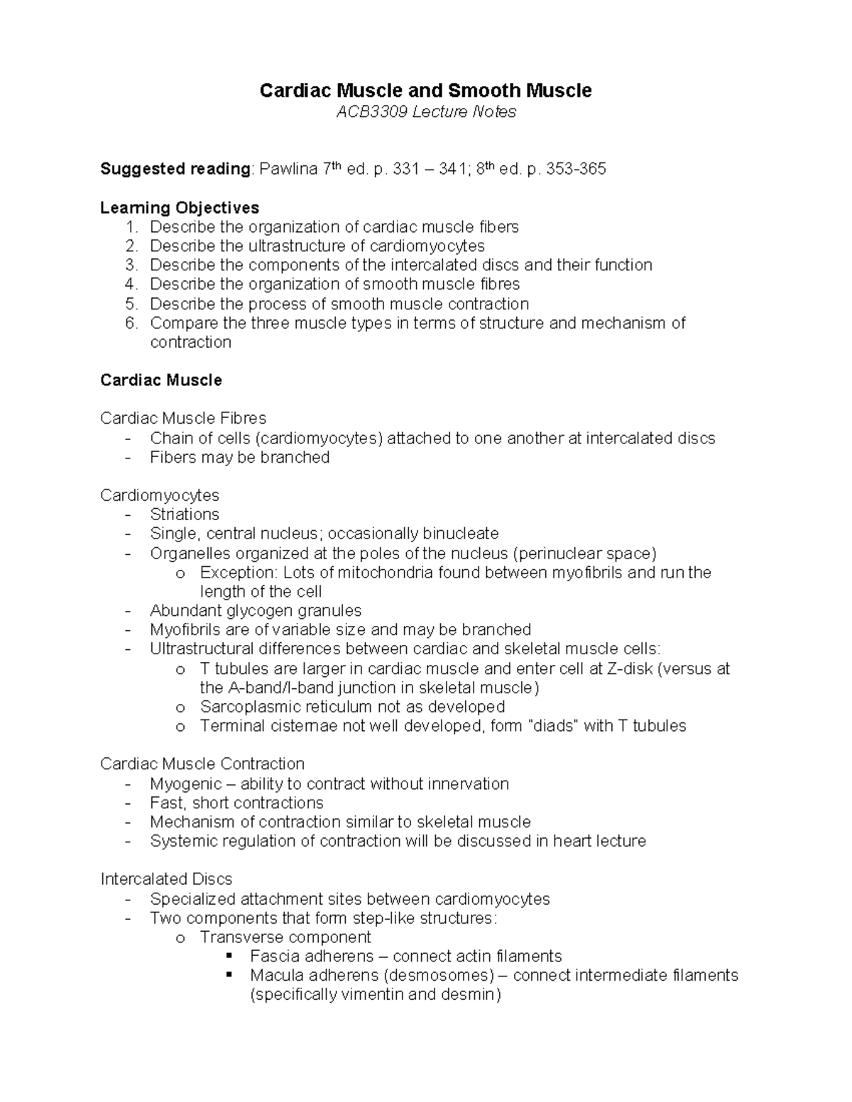 ACB3309 Lecture Notes: Cardiac and Smooth Muscle Overview - Studocu
