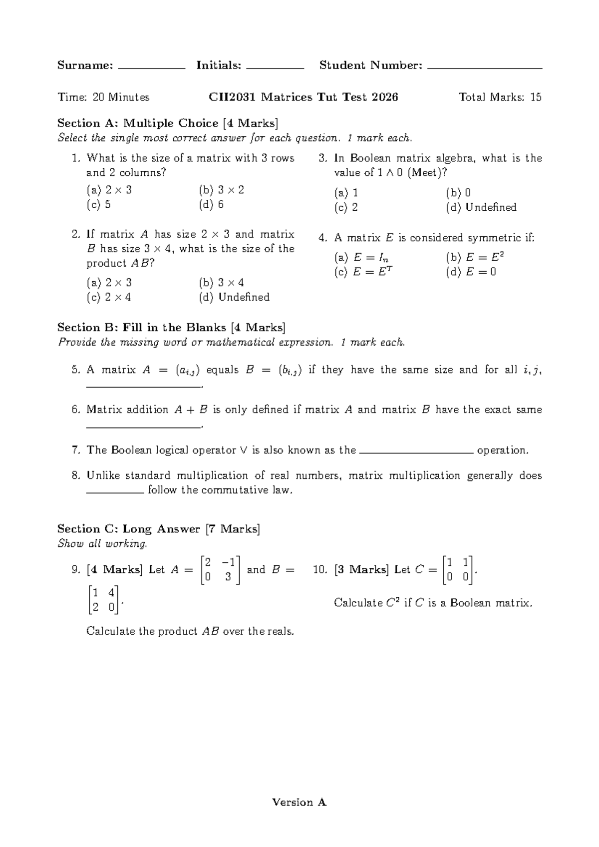 CII2031 Matrices Tut Test 2026 - Studocu