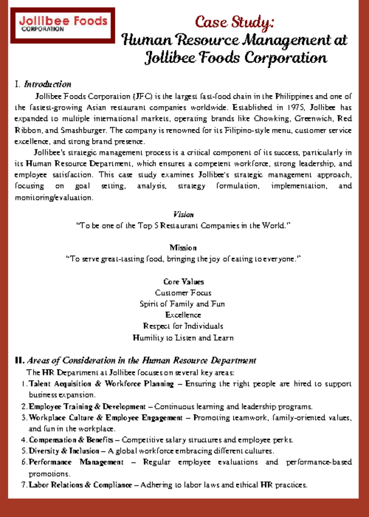 Case Study: Human Resource Management Strategies at JFC (Max's Restaurant) - Studocu