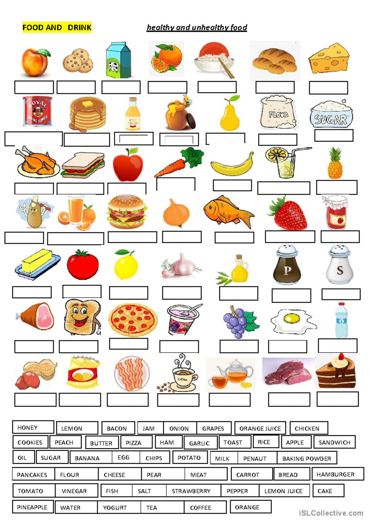 Healthy and unhealthy food - JAM ONION GRAPES HONEY LEMON BACON ORANGE ...