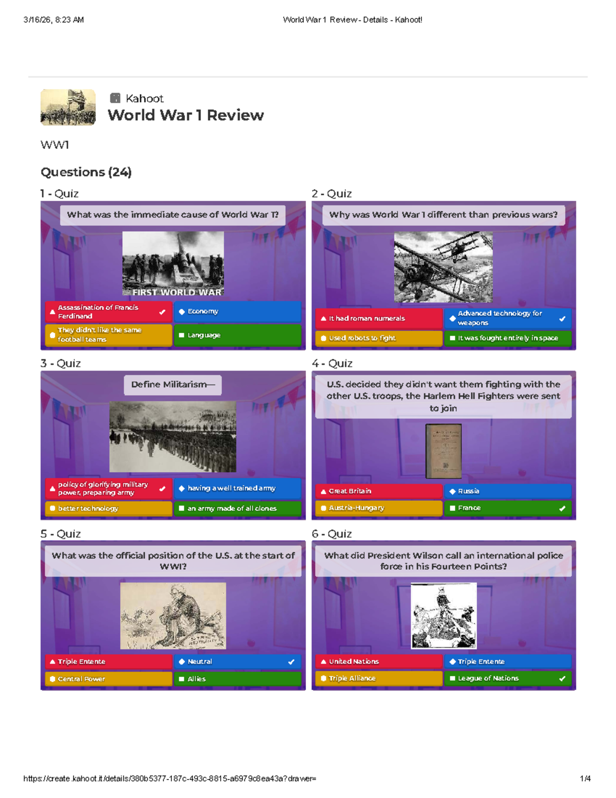 WW1 Review Quiz Details (Kahoot) - Key Questions & Answers - Studocu
