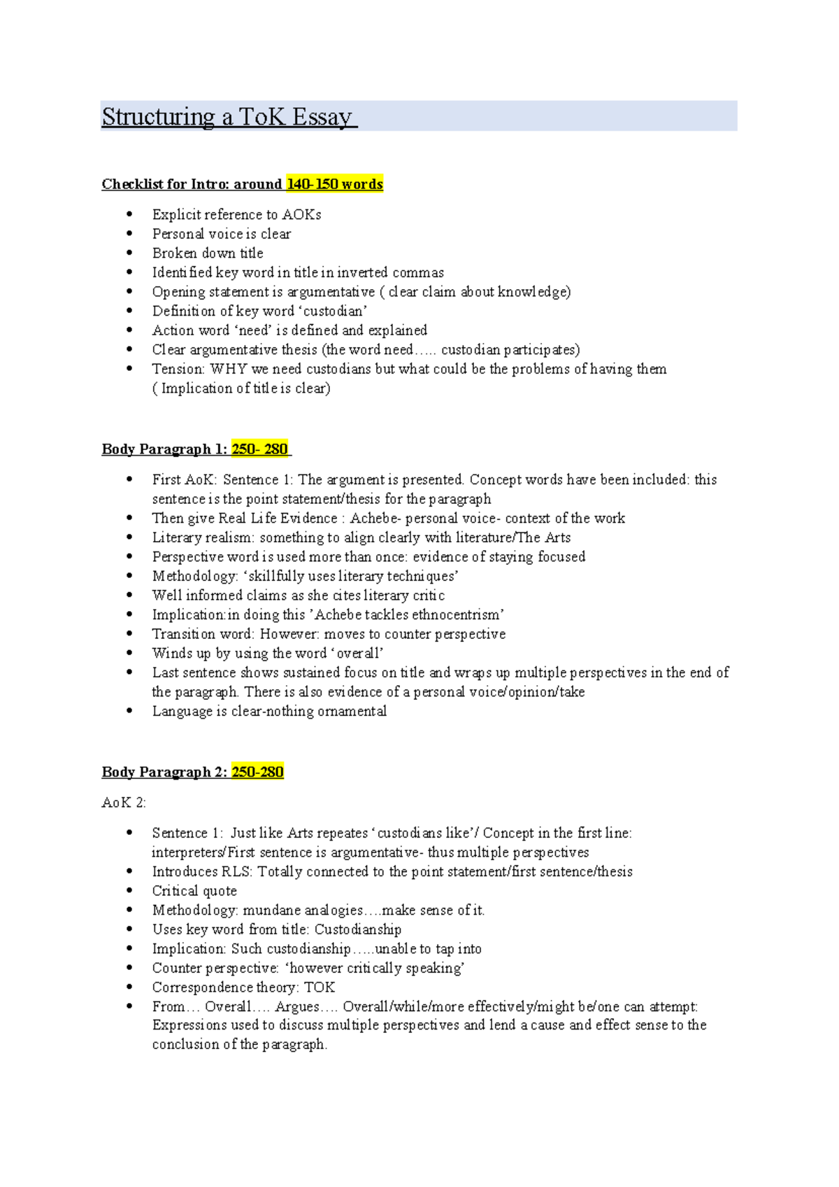 Structuring a ToK Essay Checklist for Moderation - Studocu