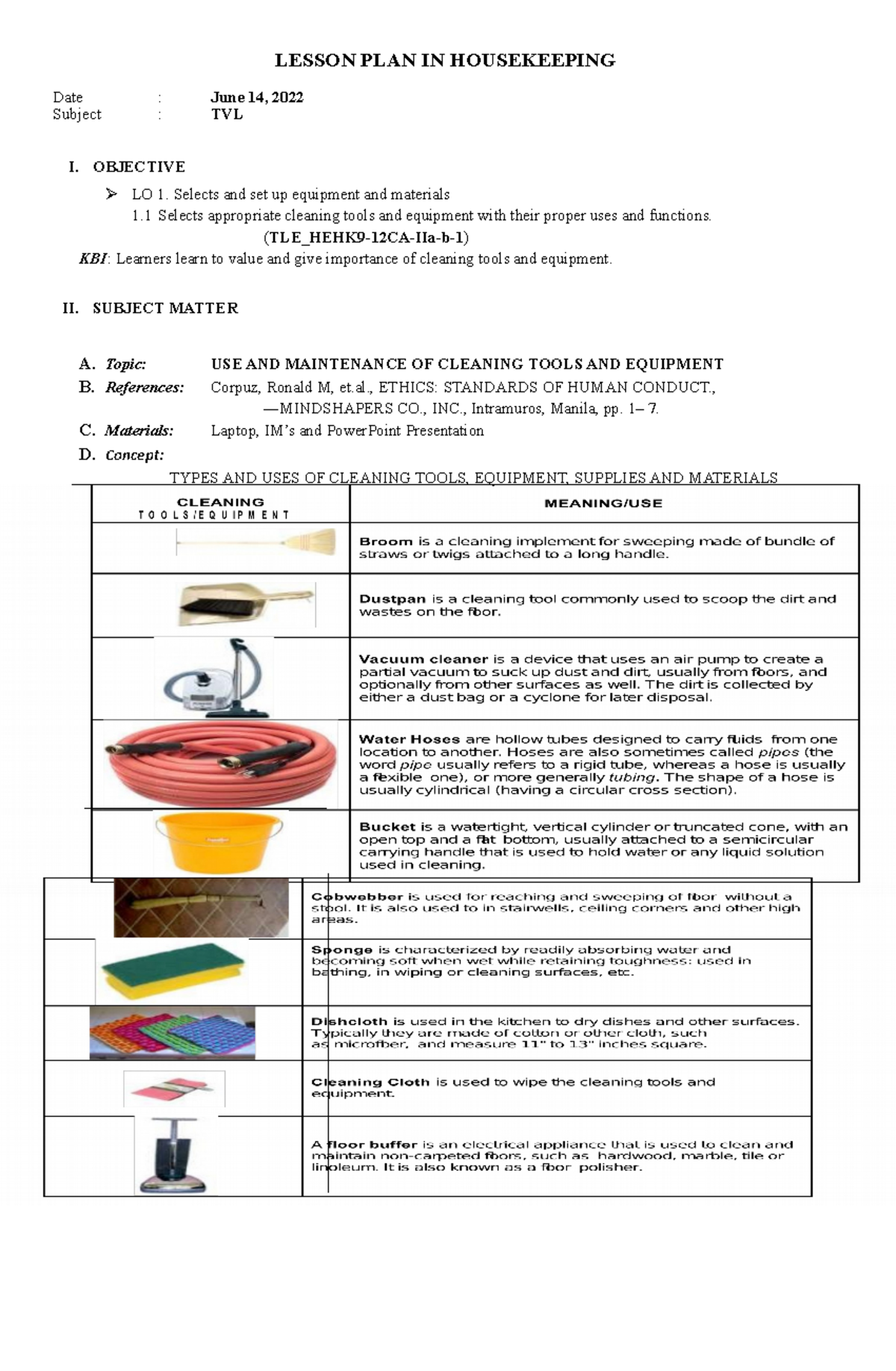 Lesson Plan in Housekeeping for TVL (TLE_HEHK9-12CA-IIa-b-1) - Studocu
