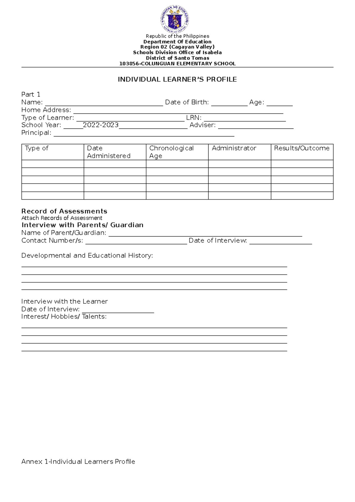 Individual Learners Profile - Philippines DepEd Region 02 - Studocu